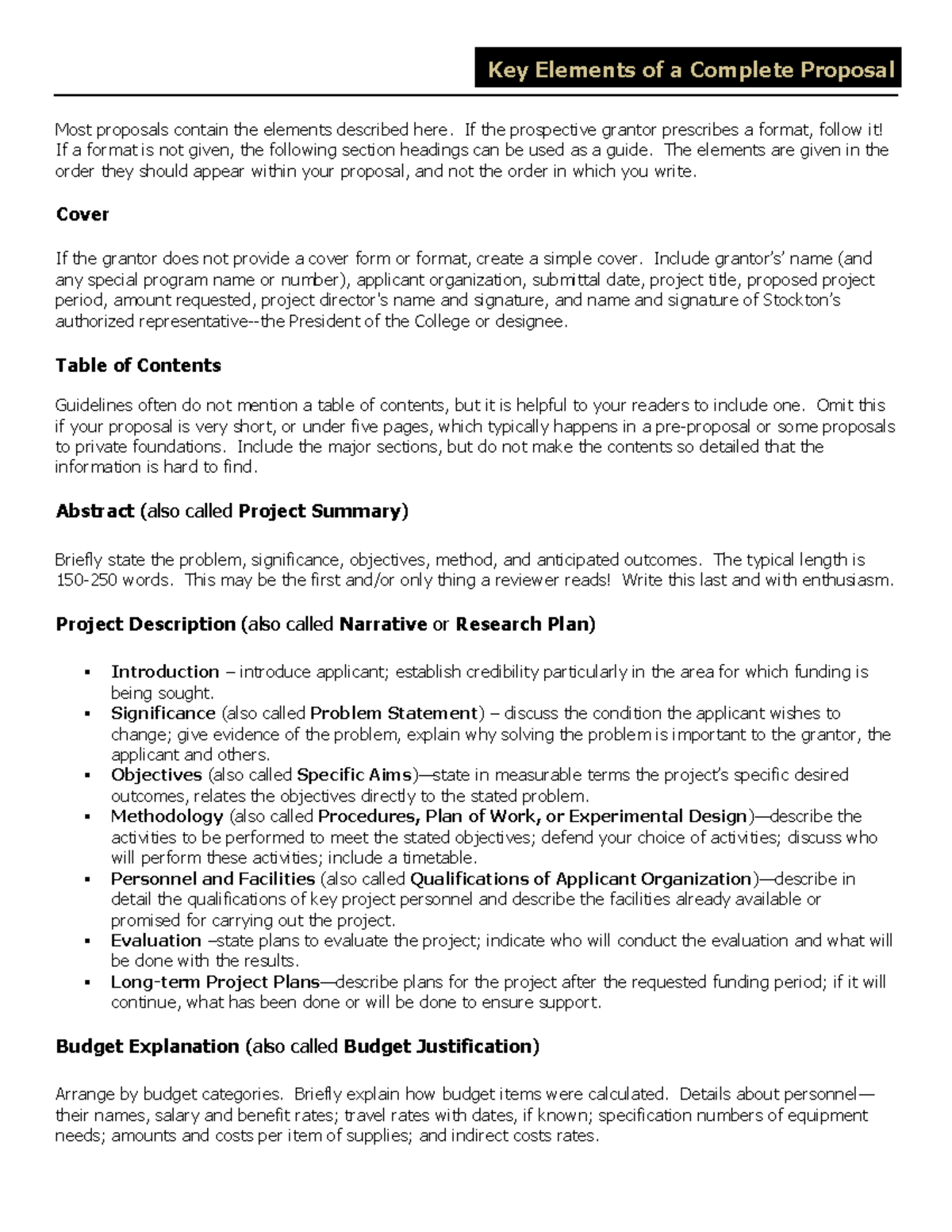 Key Elementsofa Complete Proposal rev09 2 3 - Key Elements of a ...