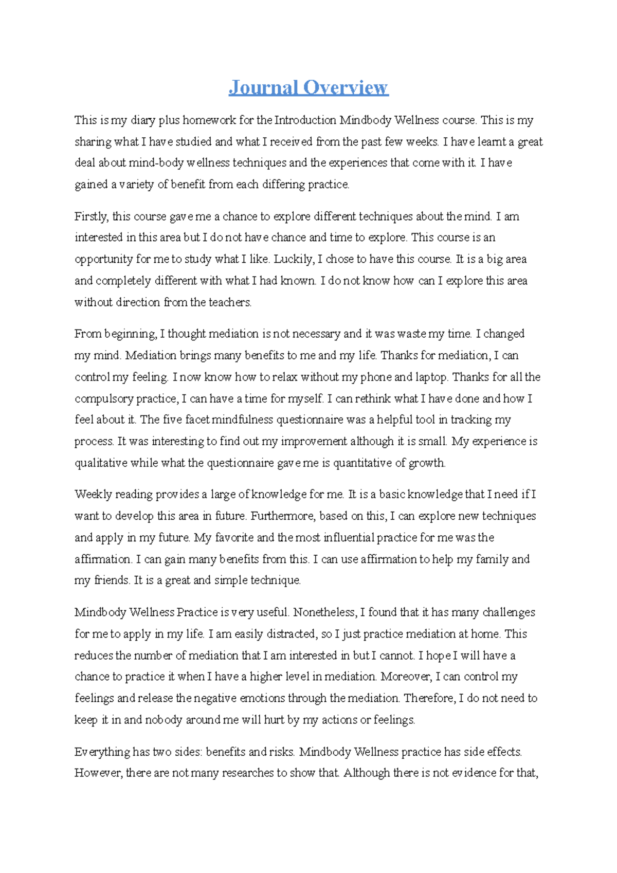 Journal Assessment - Journal Overview This is my diary plus homework ...