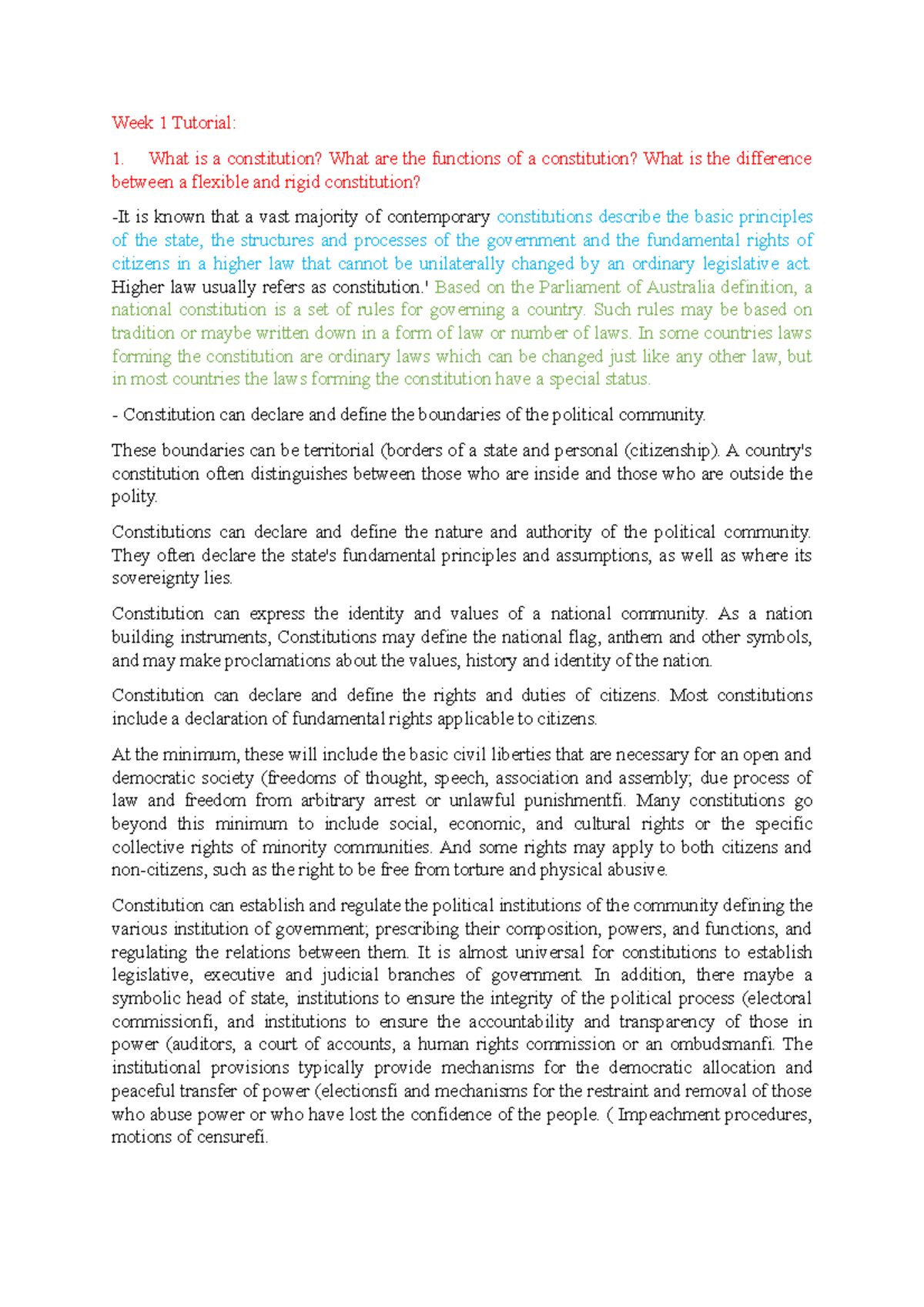 Week 1 - n/a - Week 1 Tutorial: What is a constitution? What are the functions of a constitution ...