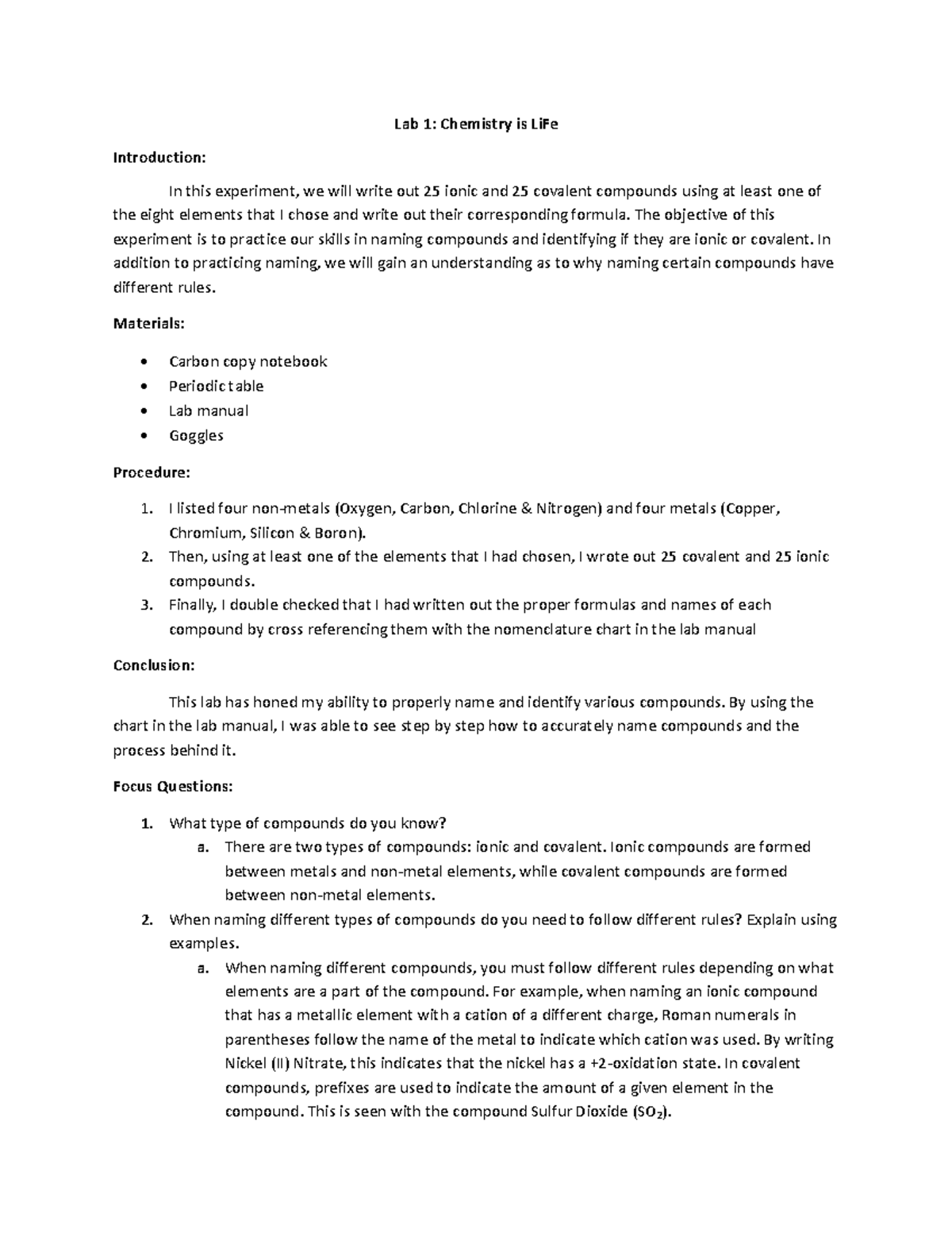 CHEM 104 Lab Report 1 - Lab 1: Chemistry is LiFe Introduction: In this ...