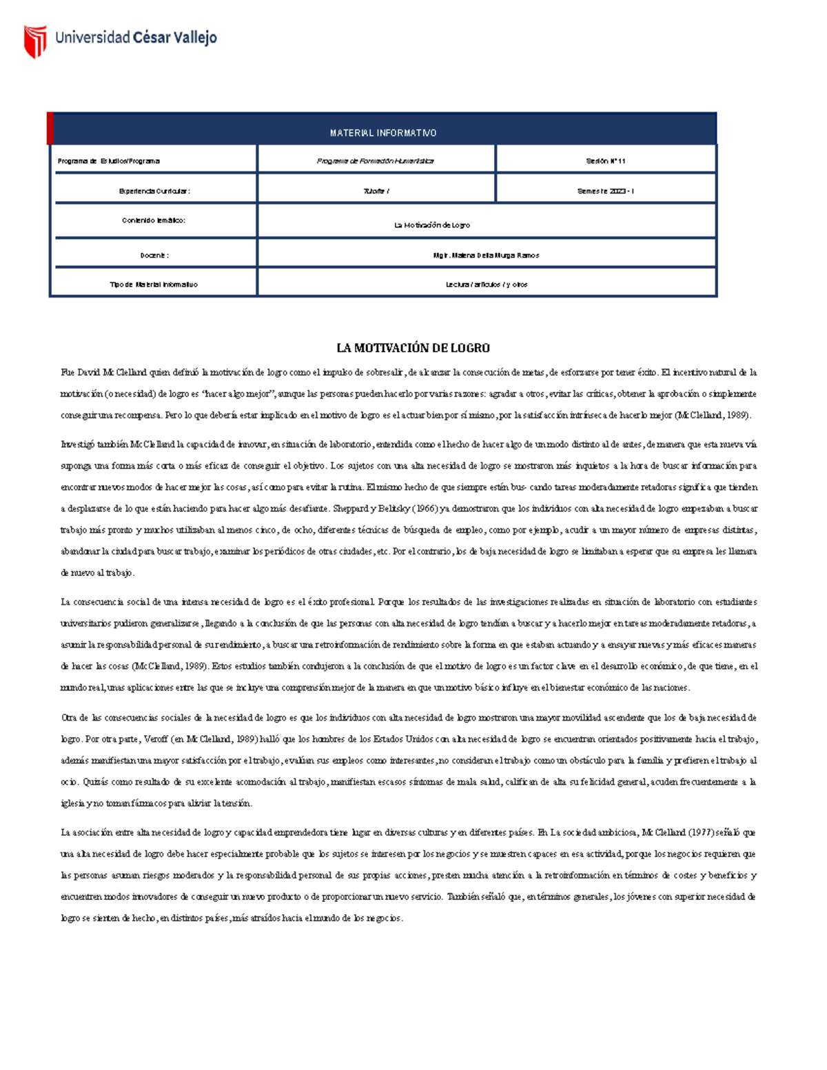 1° Lectura N°11 - LKNN - LA MOTIVACIÓN DE LOGRO Fue David McClelland ...