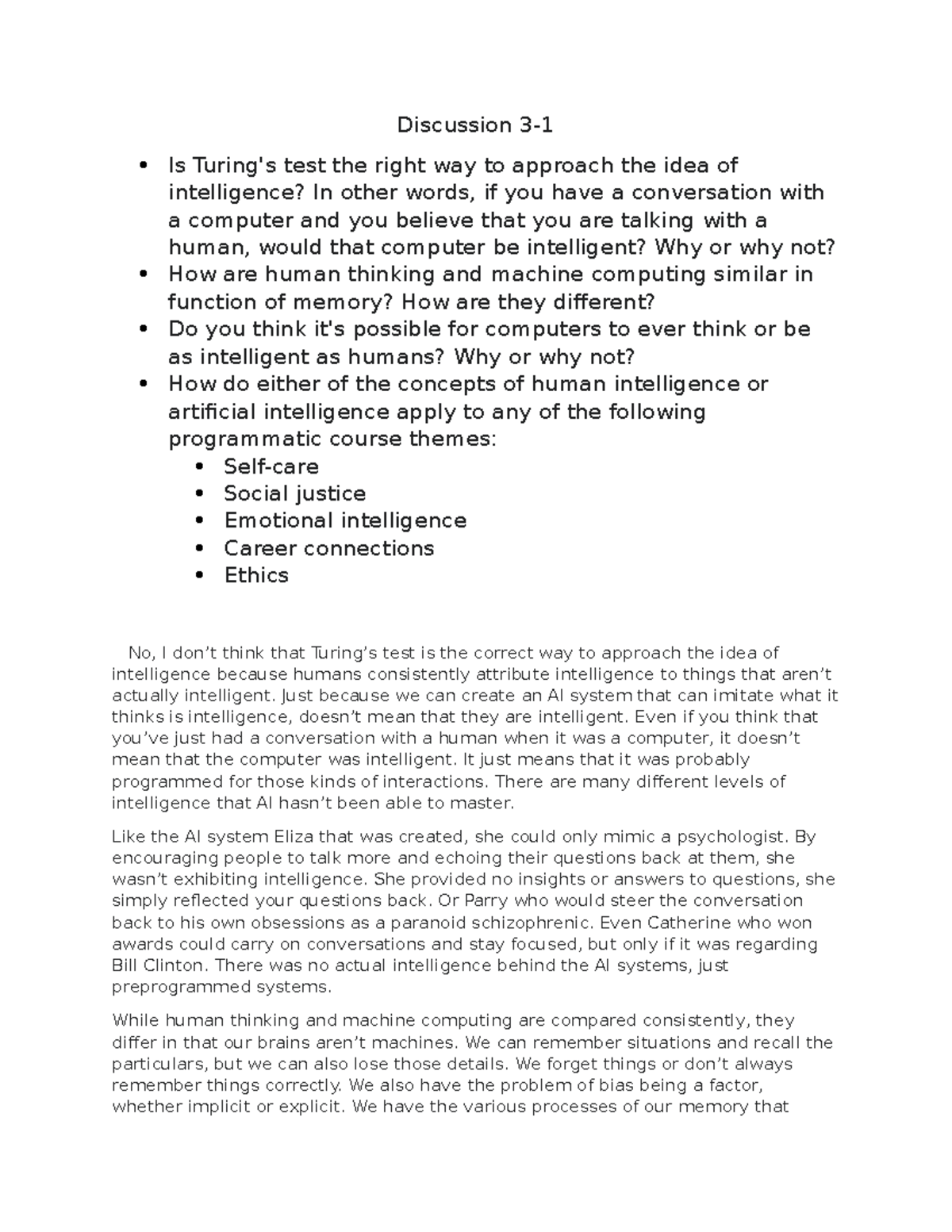 Psychology Discussion 3-1 - Discussion 3- Is Turing's test the right ...