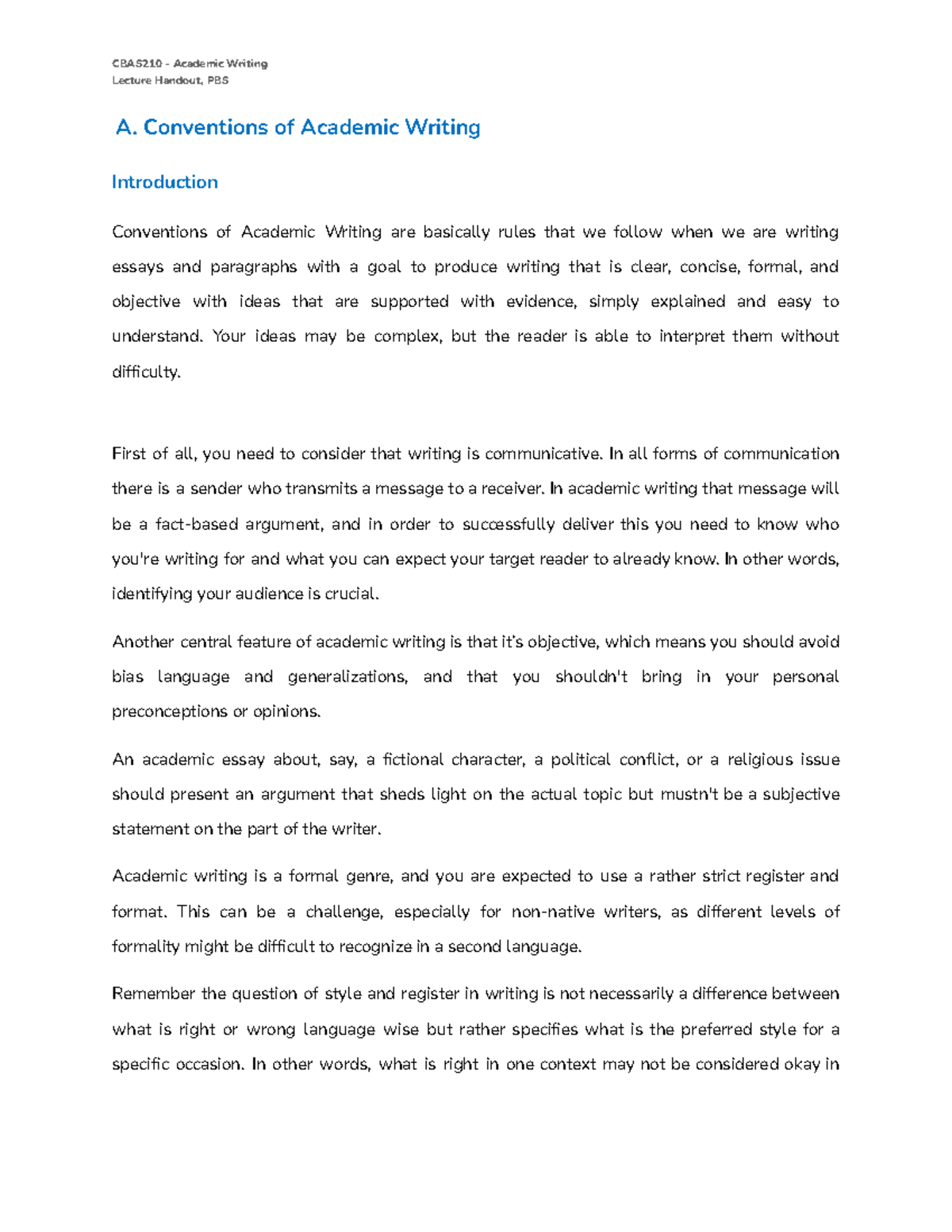 CBAS210 23 24 - Full Handout - Lecture Handout, PBS A. Conventions of ...