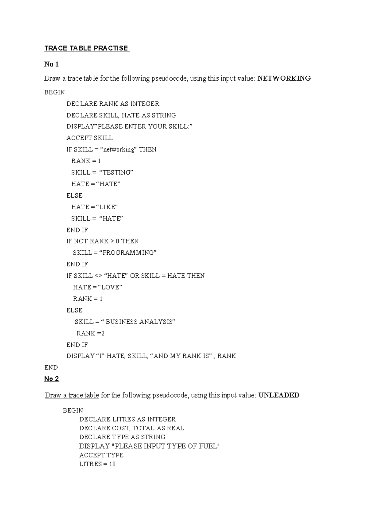 Trace Table Practise - Goodluck - TRACE TABLE PRACTISE No 1 Draw a ...