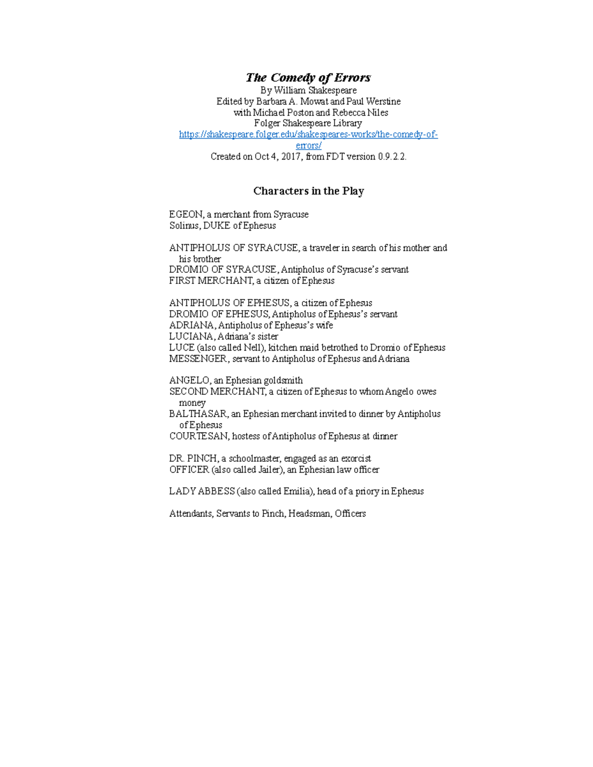 The-comedy-of-errors DOC Folger Shakespeare - DIET 102 - SLU - Studocu