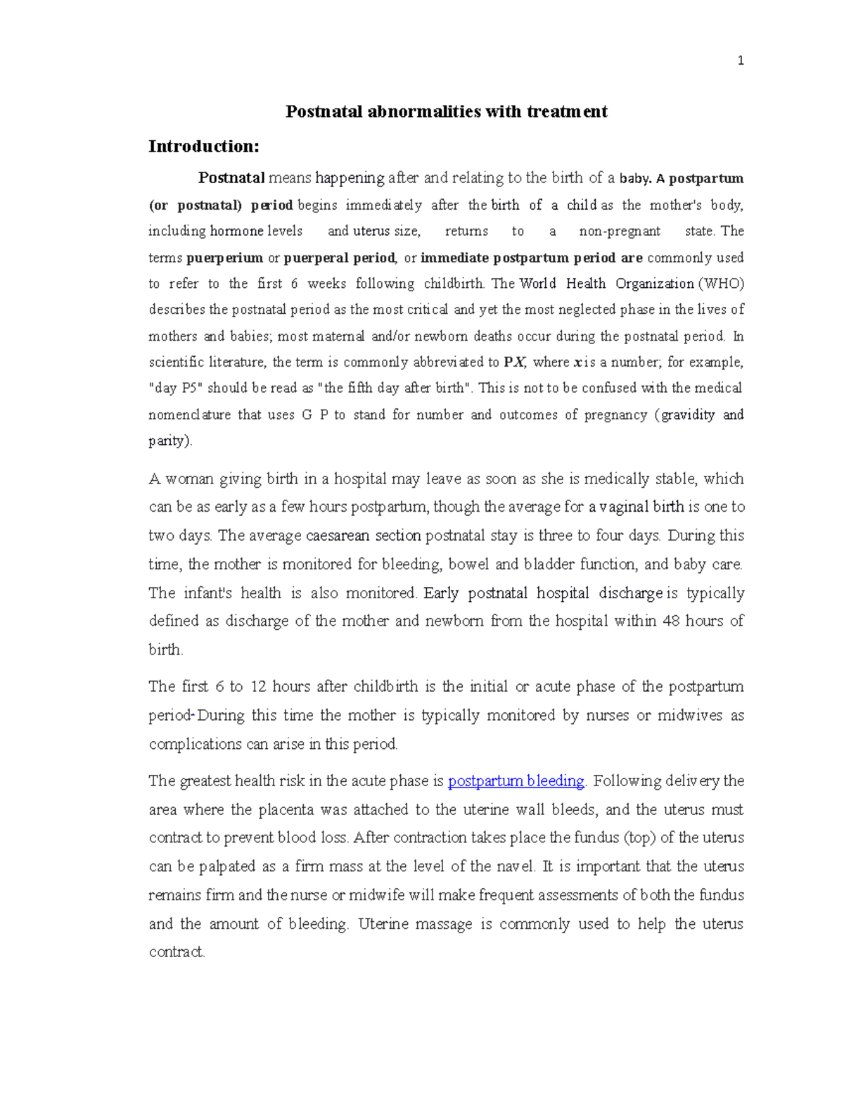 Assignment development - Postnatal abnormalities with treatment ...