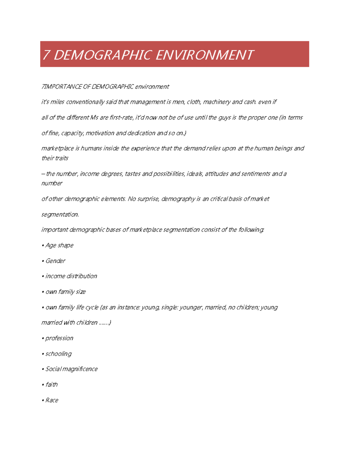 7 Demographic Environment - 7 DEMOGRAPHIC ENVIRONMENT 7IMPORTANCE OF ...