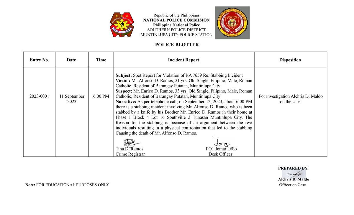 Maldo- Police- Blotter - Republic of the Philippines NATIONAL POLICE COMMISION Philippine ...