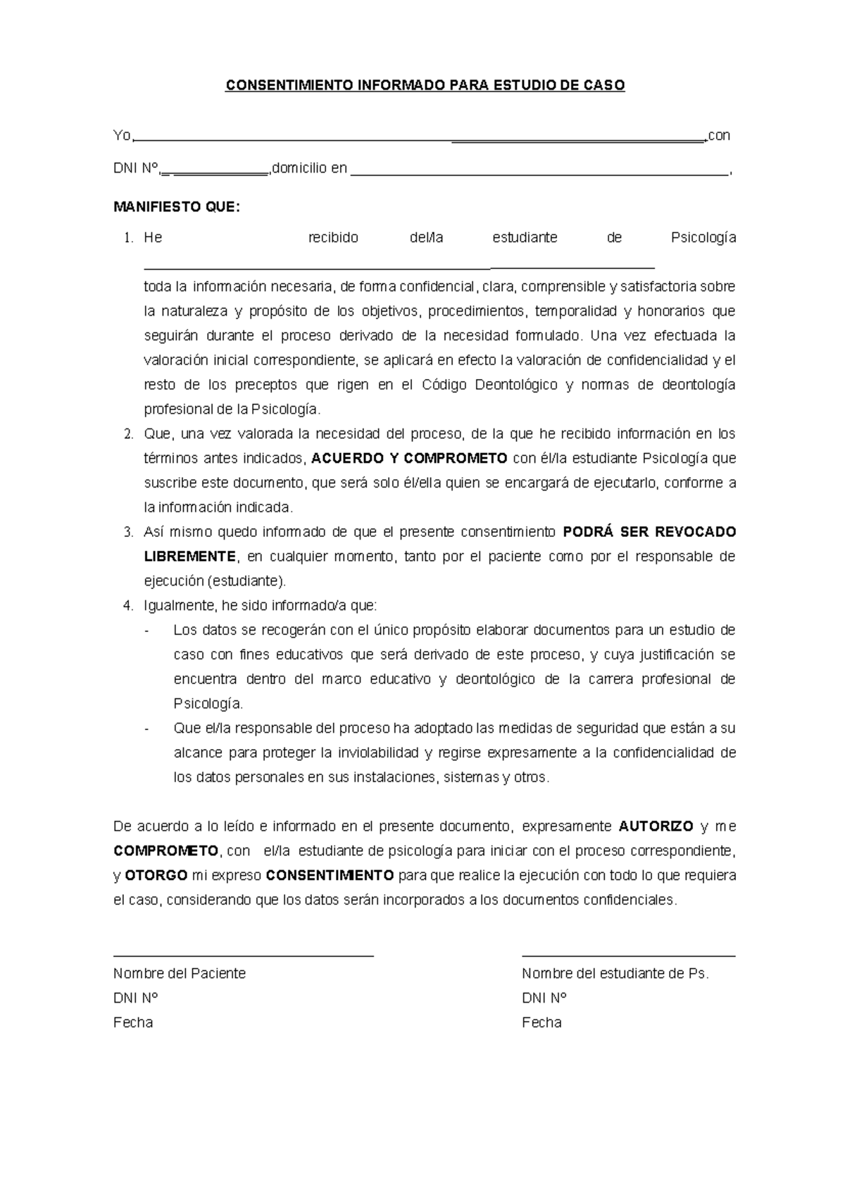 Consentimiento-informado-psicologia-Word - CONSENTIMIENTO INFORMADO PARA ESTUDIO DE CASO Yo ...
