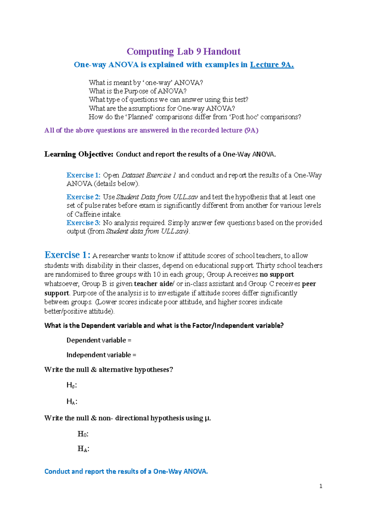 Computing Lab 9 Handout for lab work in - Computing Lab 9 Handout One-way ANOVA is explained ...