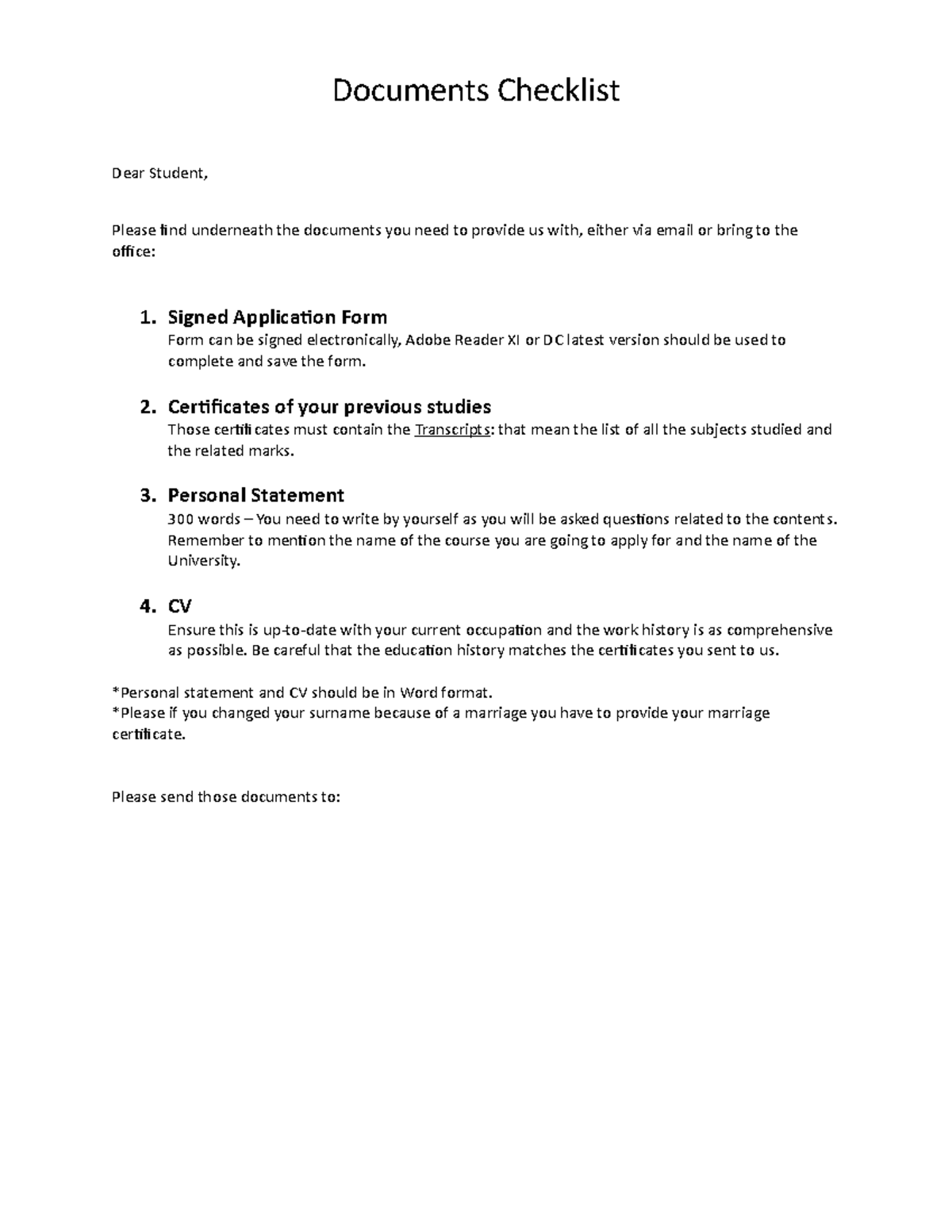 Document Checklist N A Documents Checklist Dear Student Please