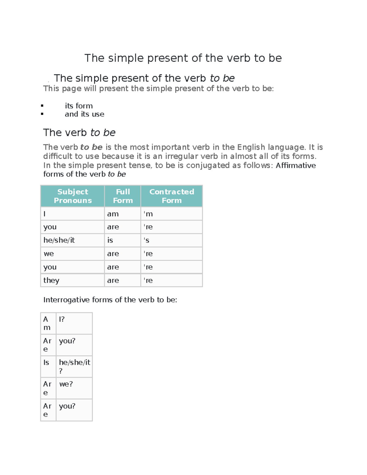 679497 The simple present of the verb to be - The simple present of the ...