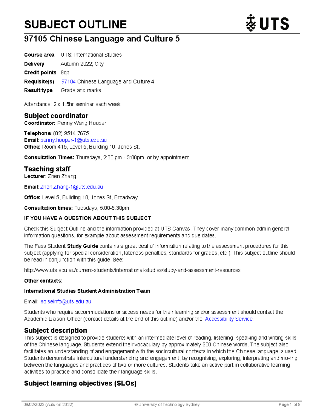 Chinese 5 - Subject outline - SUBJECT OUTLINE 97105 Chinese Language ...