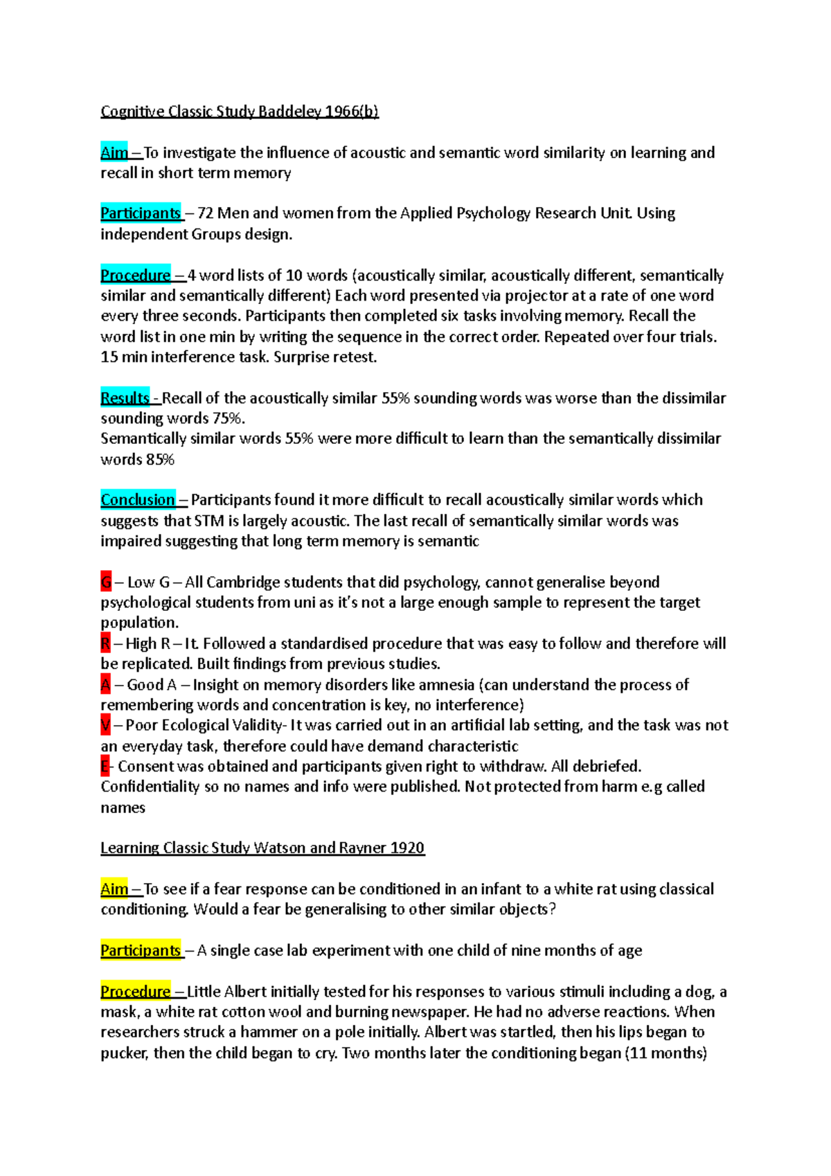 Classic studies for psychology - Cognitive Classic Study Baddeley 1966 ...