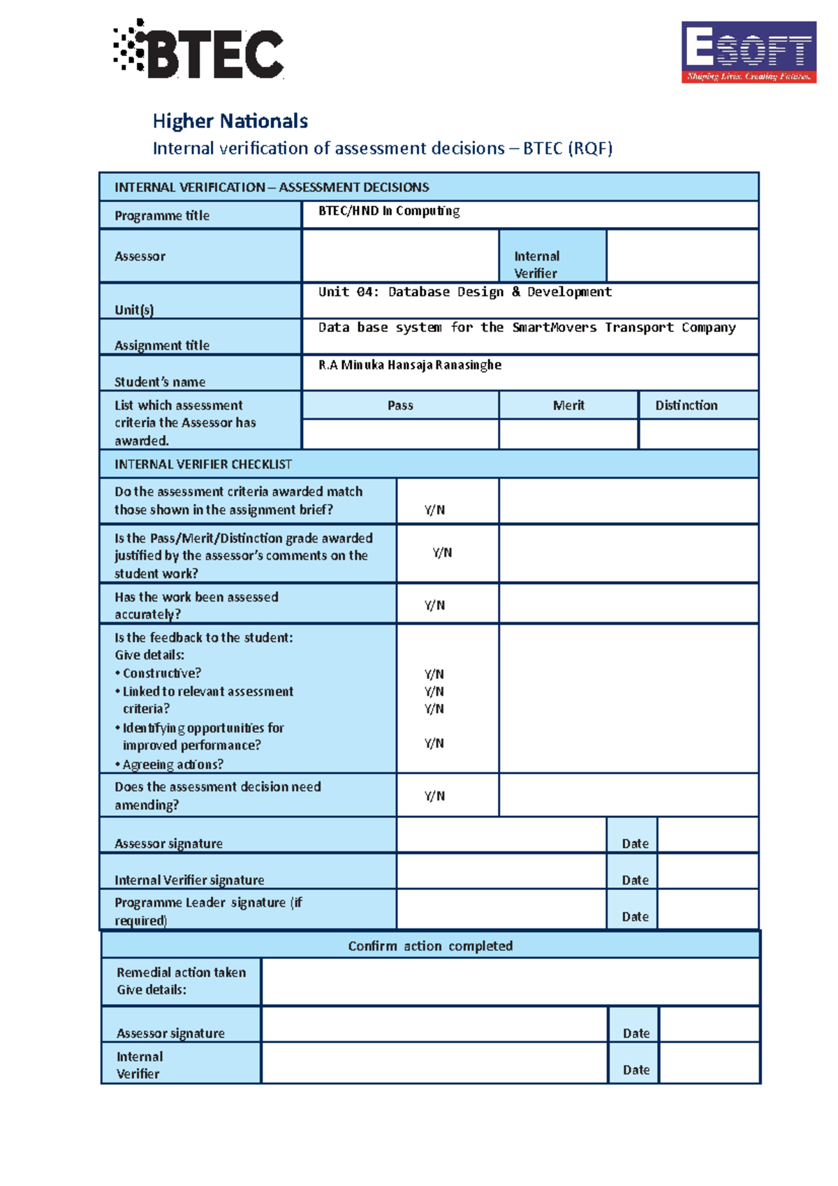 Unit 04 Database-Assignment Holistic - Higher Nationals Internal verification of assessment ...