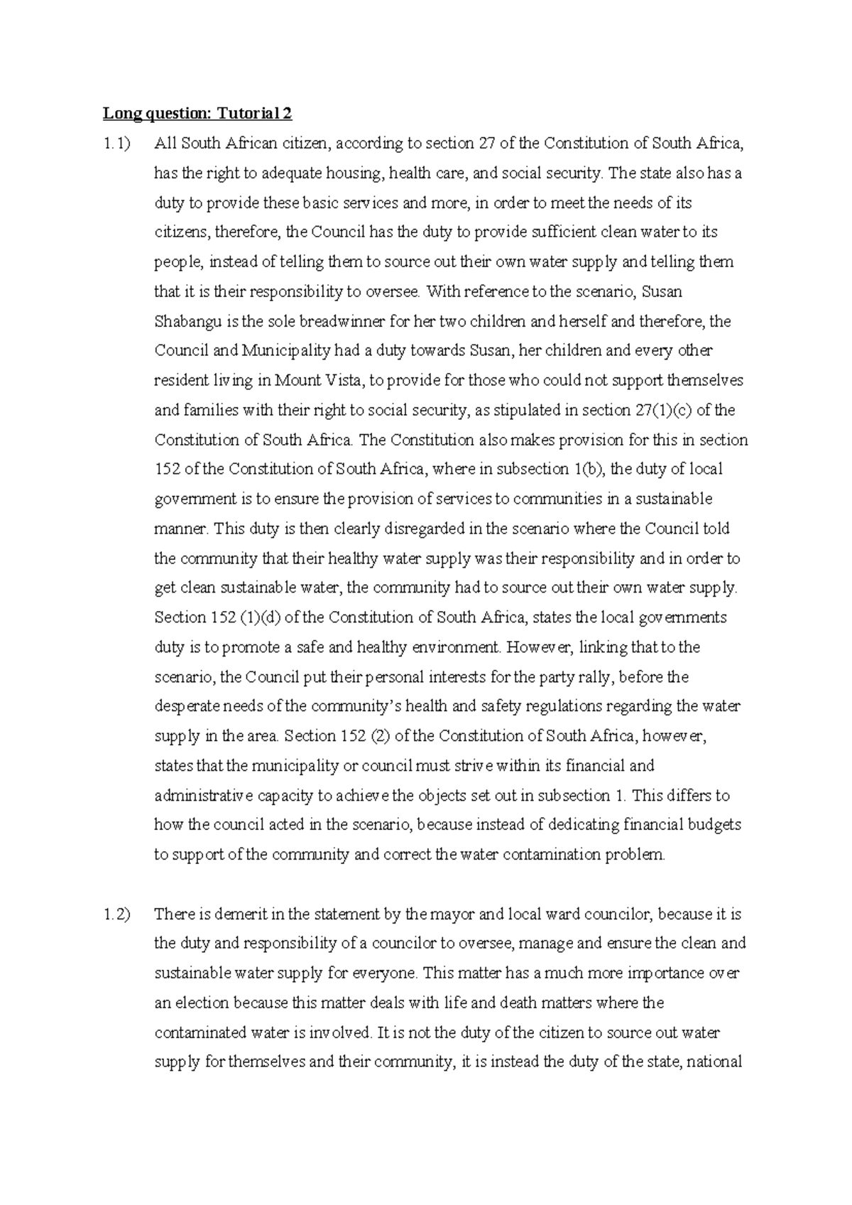 CON TUT 2 - Tutorial work - Long question: Tutorial 2 All South African ...