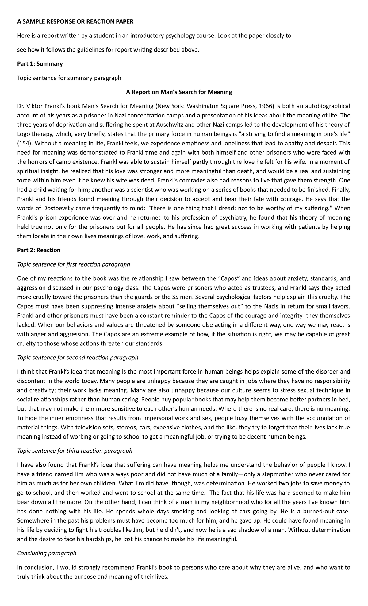 Examples report - A SAMPLE RESPONSE OR REACTION PAPER Here is a report ...