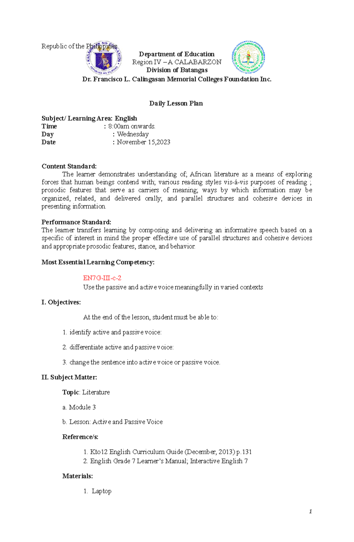 My-final-demo - Lesson plan - Republic of the Philippines Department of ...