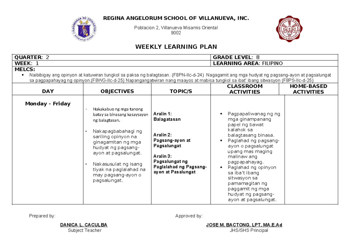 Weekly- Learning-PLAN - REGINA ANGELORUM SCHOOL OF VILLANUEVA, INC ...