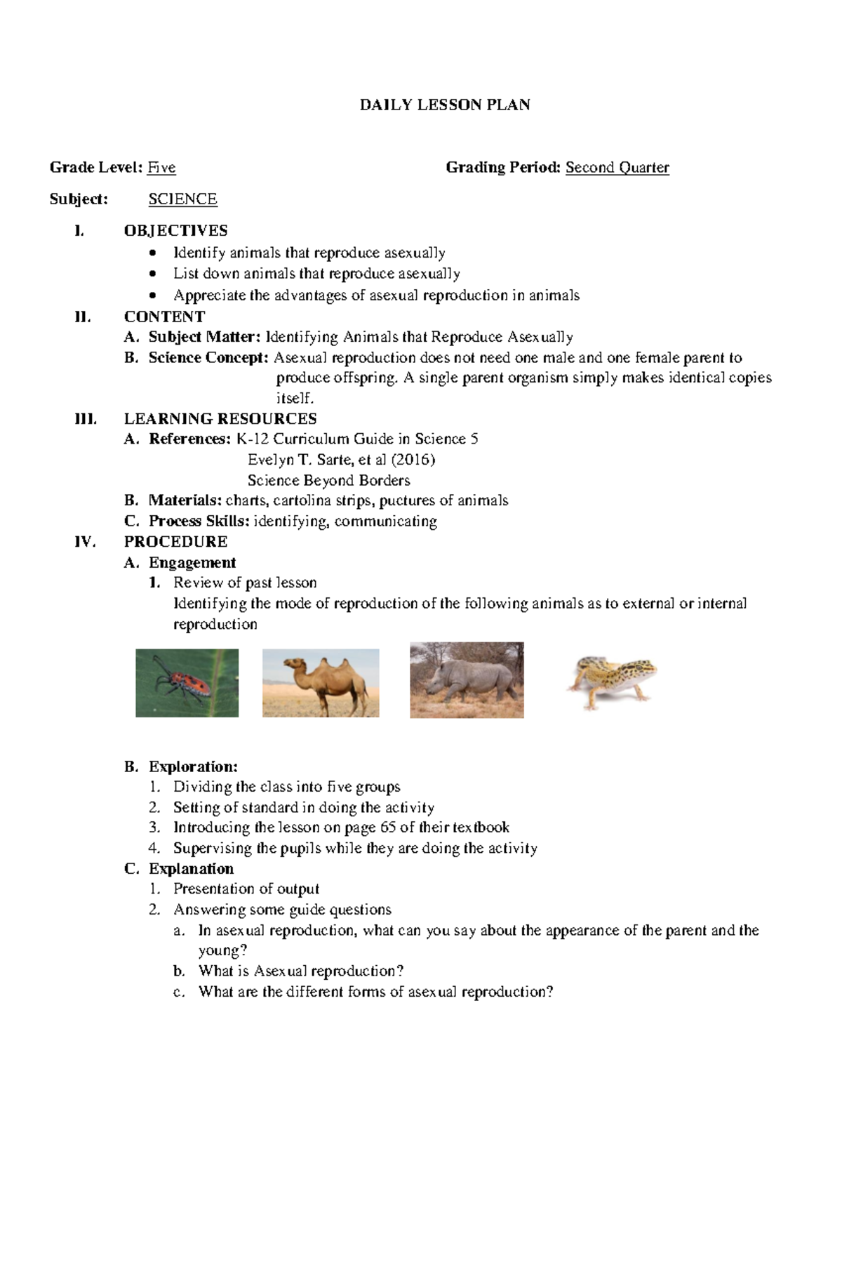 Identifying Animals that Reproduce Asexually - DAILY LESSON PLAN Grade ...