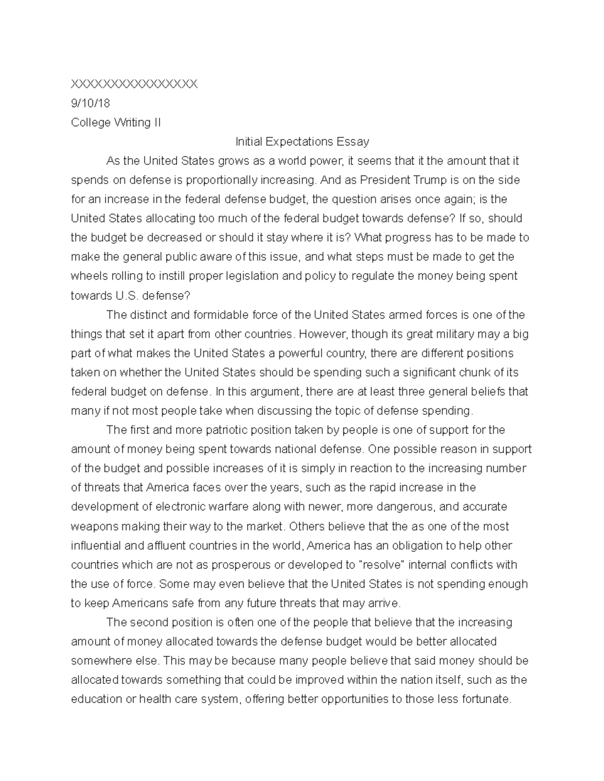 Initial Expectations Essay Example 1 - XXXXXXXXXXXXXXXX 9/10/ College ...