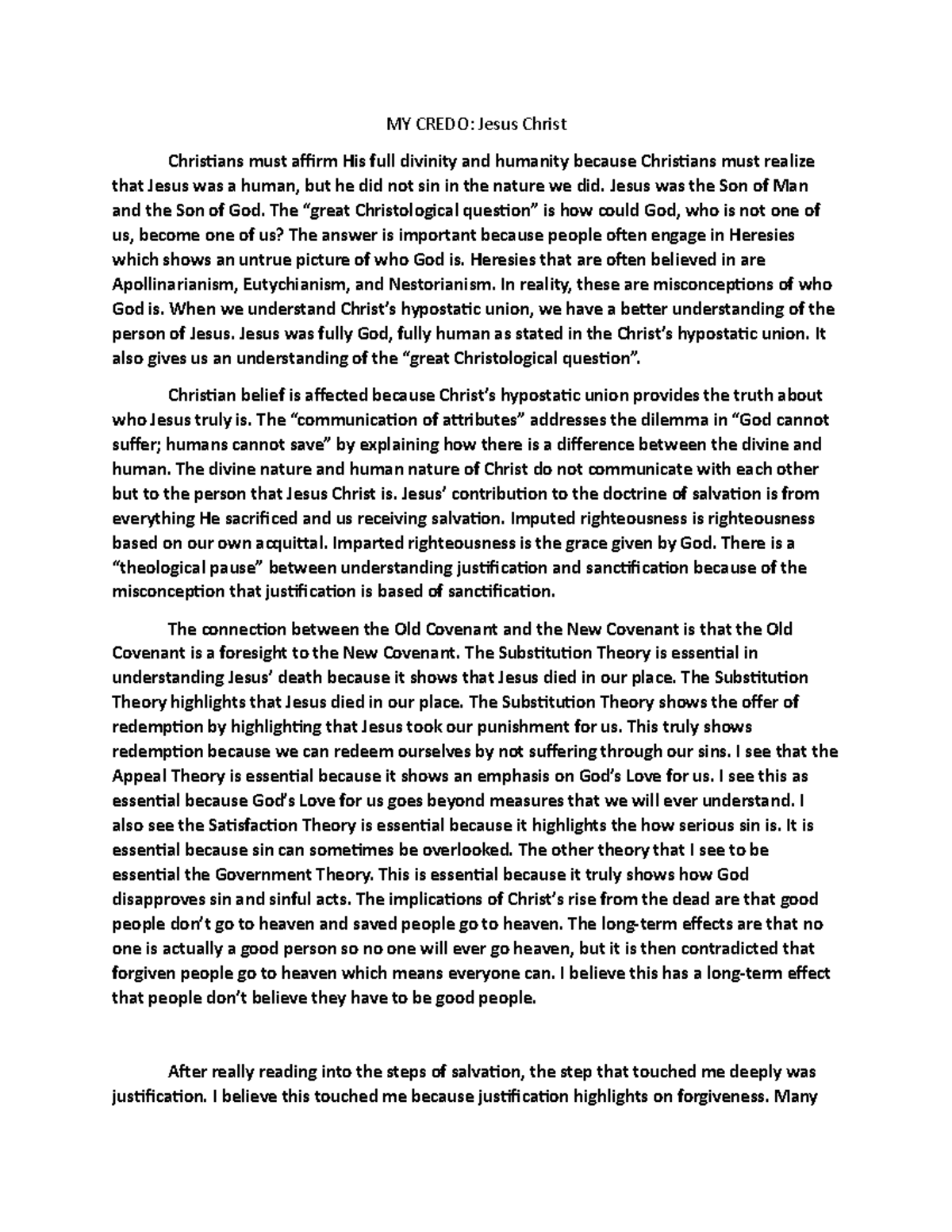 My Credo Paper Jesus Christ-Theology - MY CREDO: Jesus Christ ...