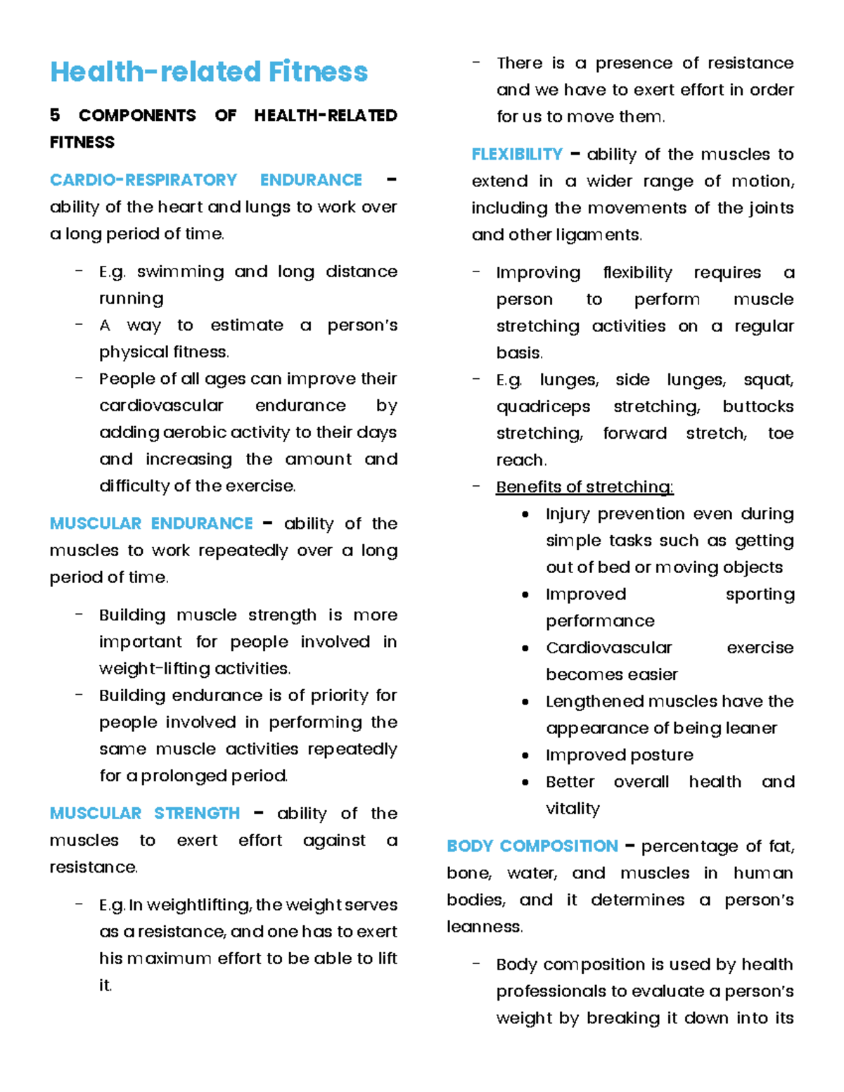 PE 2 - PE 2 - Health-related Fitness 5 COMPONENTS OF HEALTH-RELATED ...