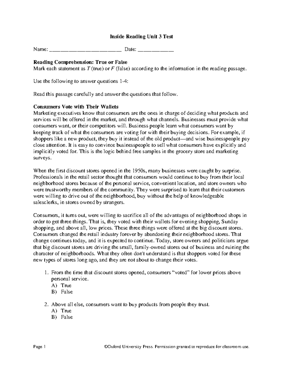 Unit 03 test - ............................ - Inside Reading Unit 3 ...