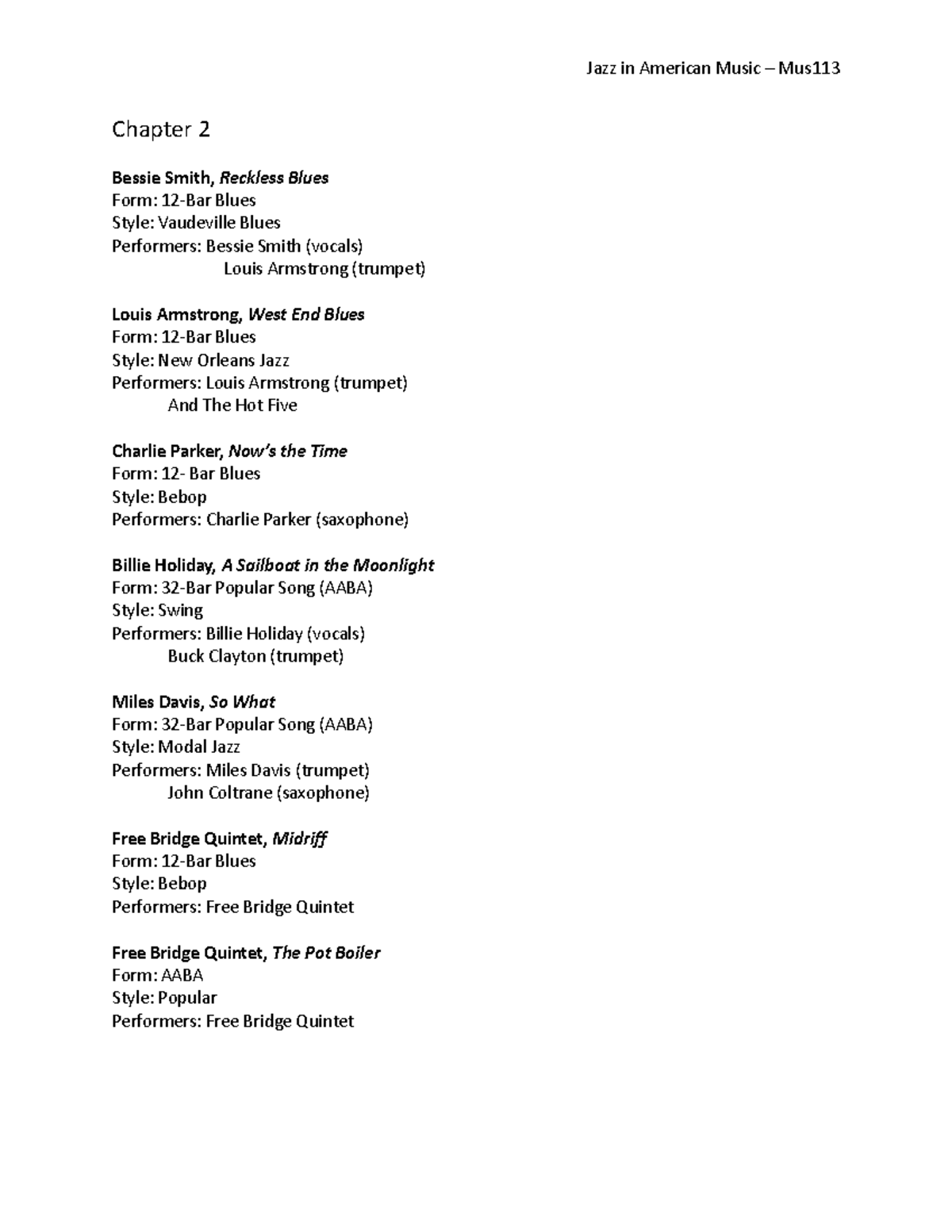 Music Songs Flashcards - Chapter 2 Bessie Smith, Reckless Blues Form ...