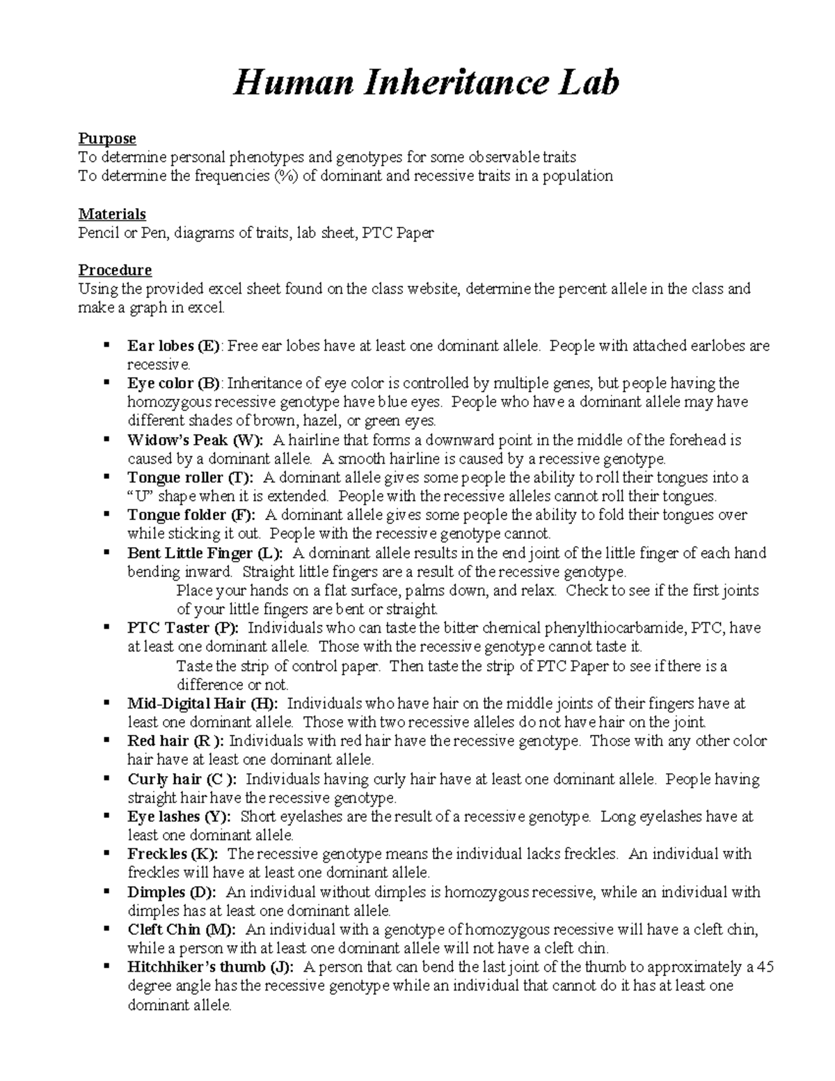 Human inheritance lab - Lab with answers - Human Inheritance Lab Purpose To determine personal ...