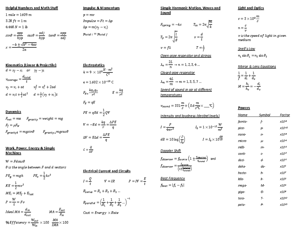 Equations+for+the+Whole+Year - Helpful Numbers and Math Stuff 1 𝑚𝑖𝑙𝑒 ...