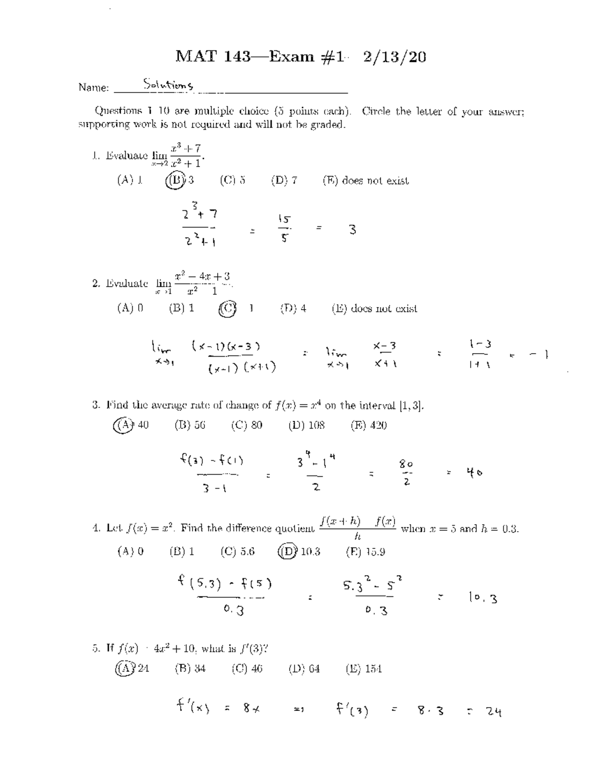 Exam 1 Solutions 13 Feb 2020 - MAT 143 - Studocu