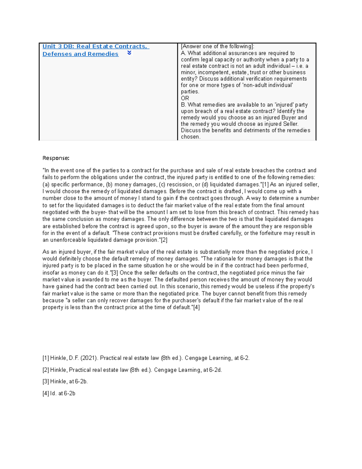 LAW201 Unit 3 Discussion Board - Unit 3 DB: Real Estate Contracts ...