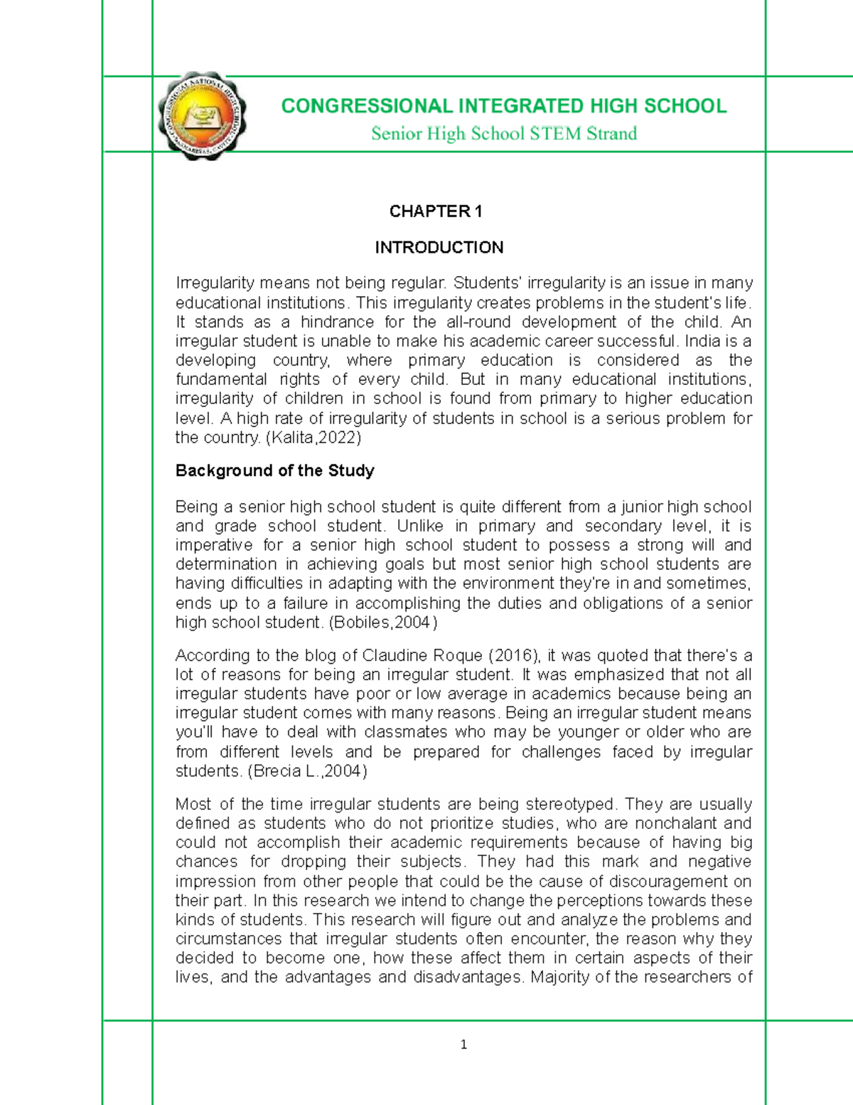 Chapter 1 Irregular Students - CHAPTER 1 INTRODUCTION Irregularity ...