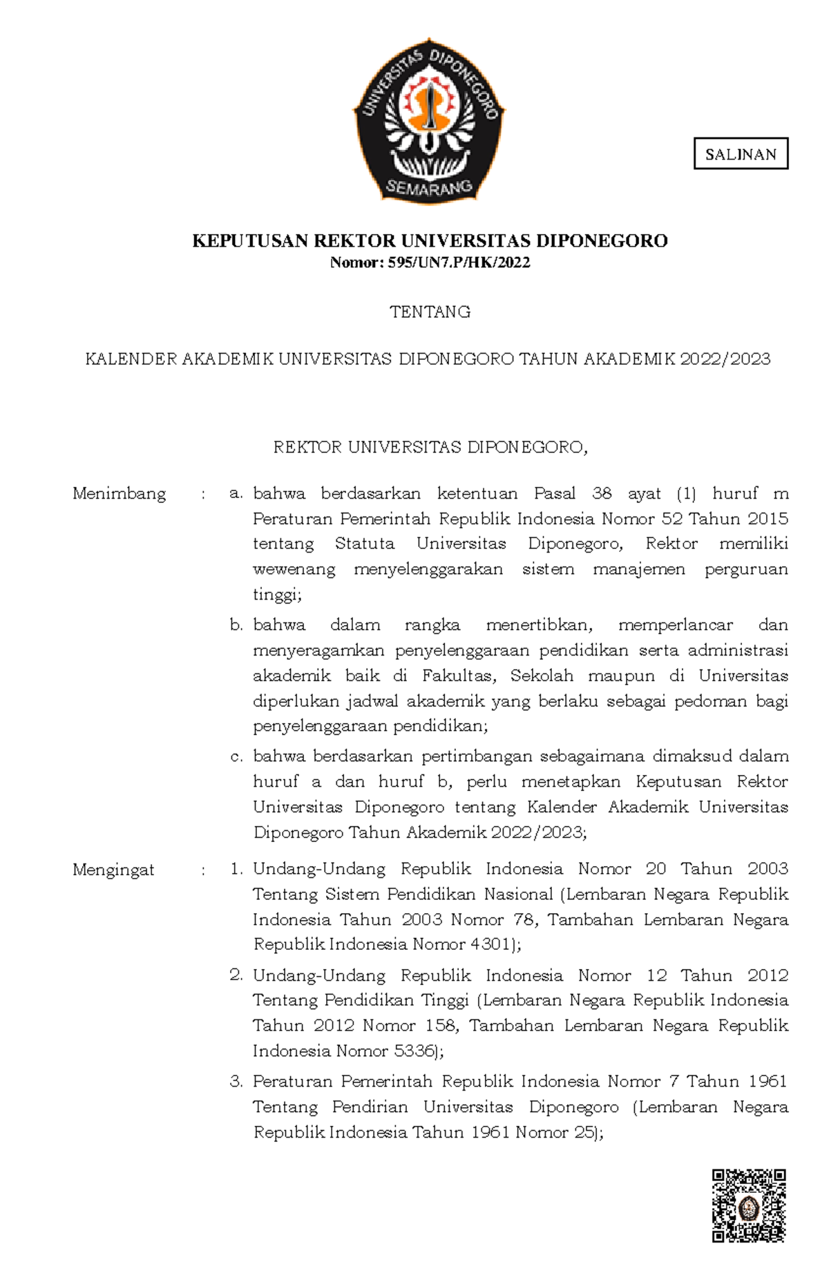 SK No.595 Kalender Akademik 2022-2023 - KEPUTUSAN REKTOR UNIVERSITAS DIPONEGORO Nomor: 595/UN7 ...