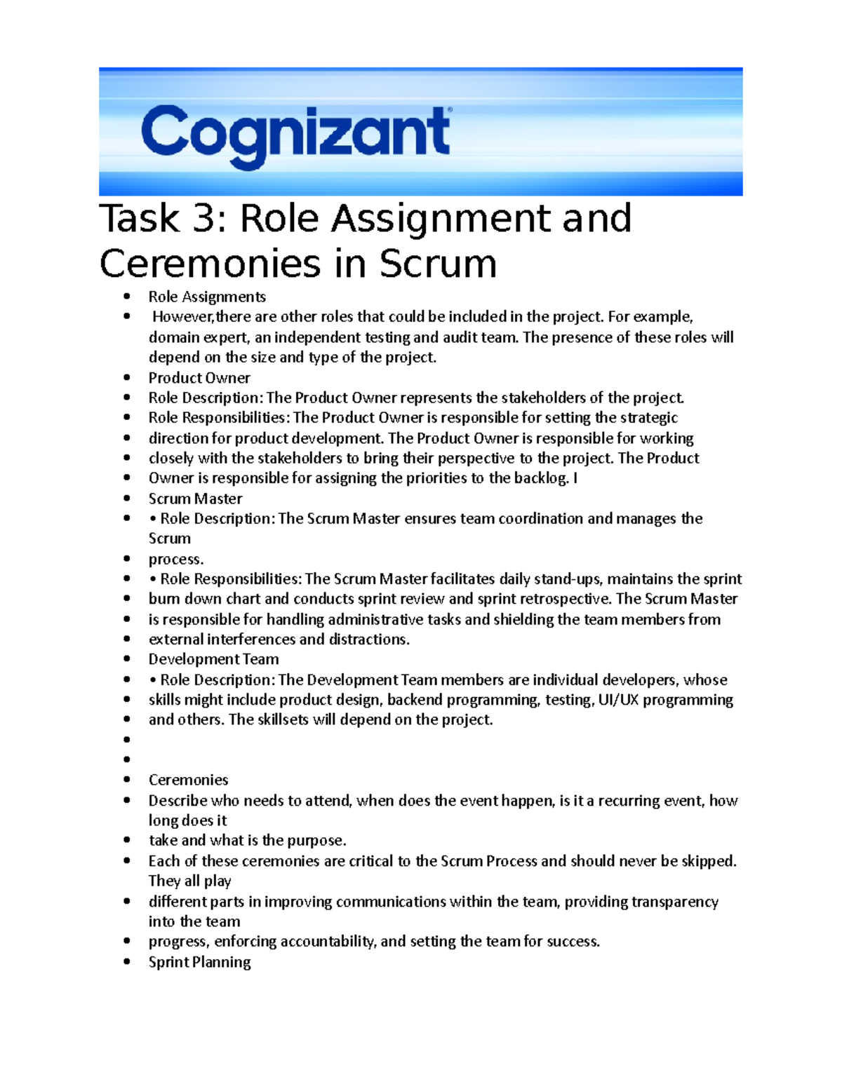 Task 3 Done - answers - Task 3: Role Assignment and Ceremonies in Scrum ...