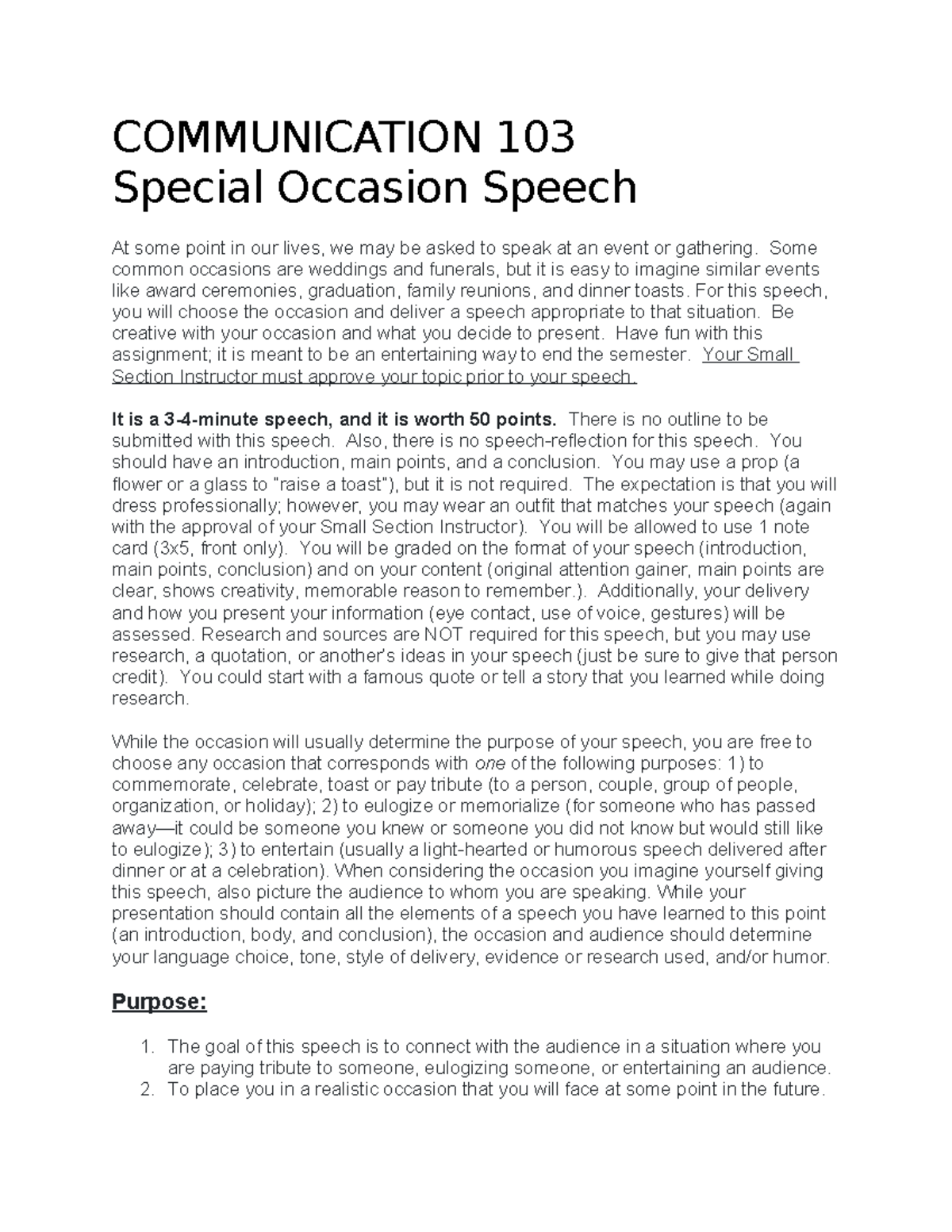 C 103 Special Occasion Speech Handout - COMMUNICATION 103 Special ...