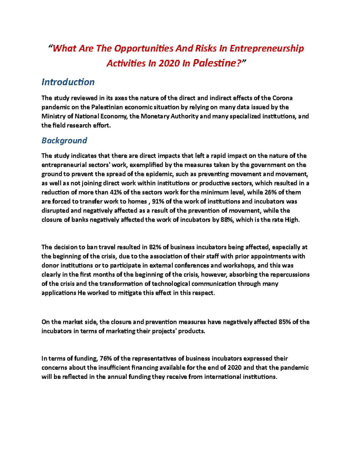 Entrepreneurship project - “What Are The Opportunities And Risks In ...