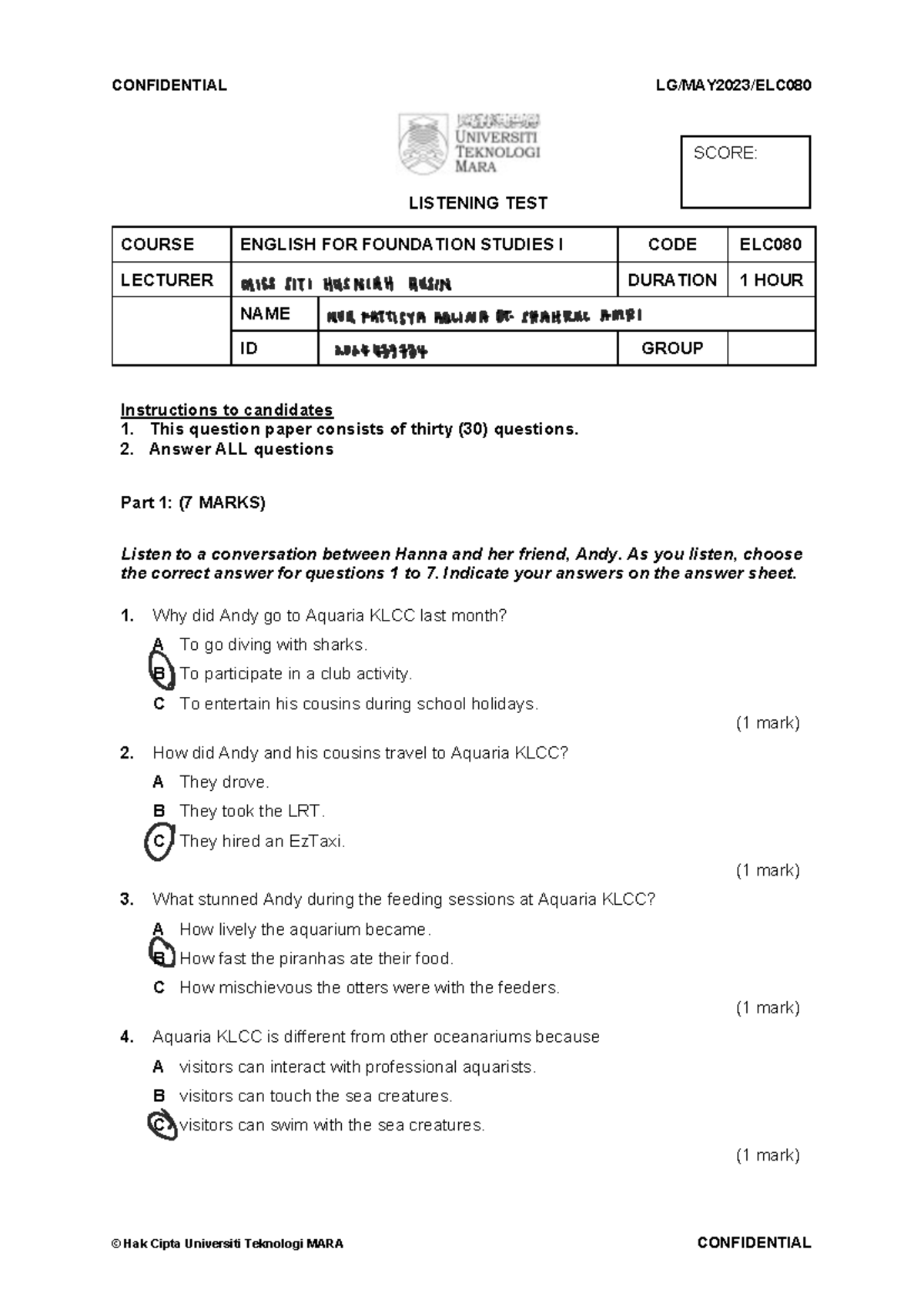 Listening TEST JAN - JUNE 2023 ( Question Paper)-1 Oss - LISTENING TEST ...