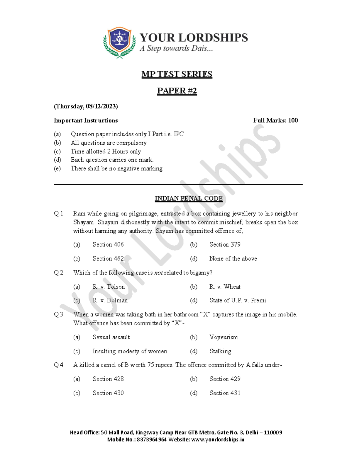 Mp test series 2 8 12 2023 - Head Office: 50 Mall Road, Kingsway Camp ...