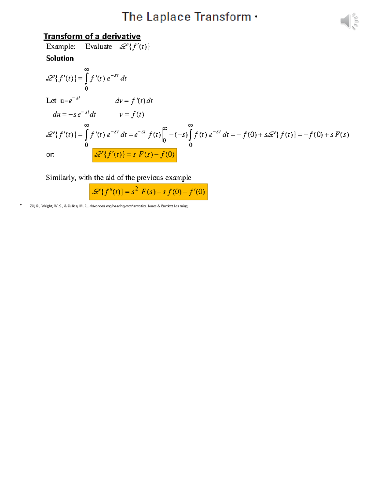 10- Laplace Transform Part- 2 - * Zill, D., Wright, W. S., & Cullen, M. R.. Advanced engineering ...