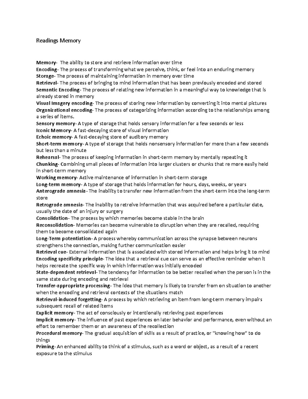 Readings - Memory - Readings Memory Memory- The ability to store and ...