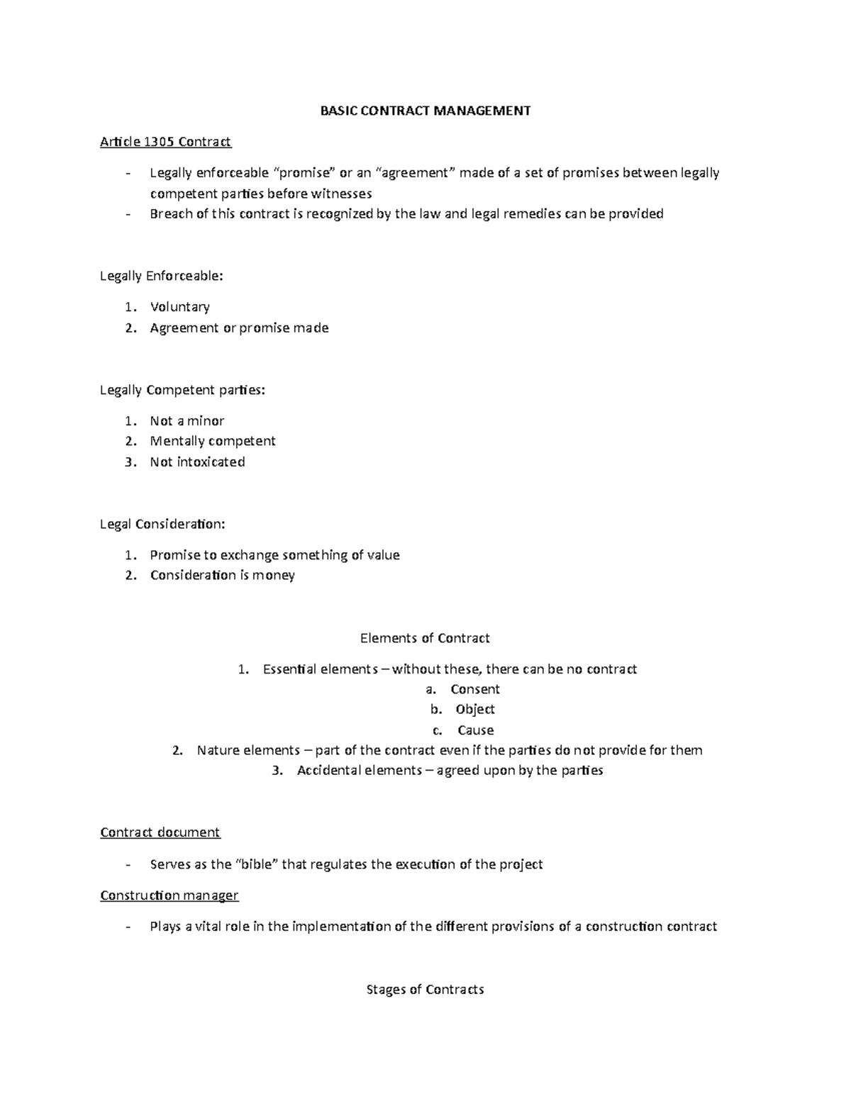 Basic Contract Management - BASIC CONTRACT MANAGEMENT Article 1305 Contract - Legally ...