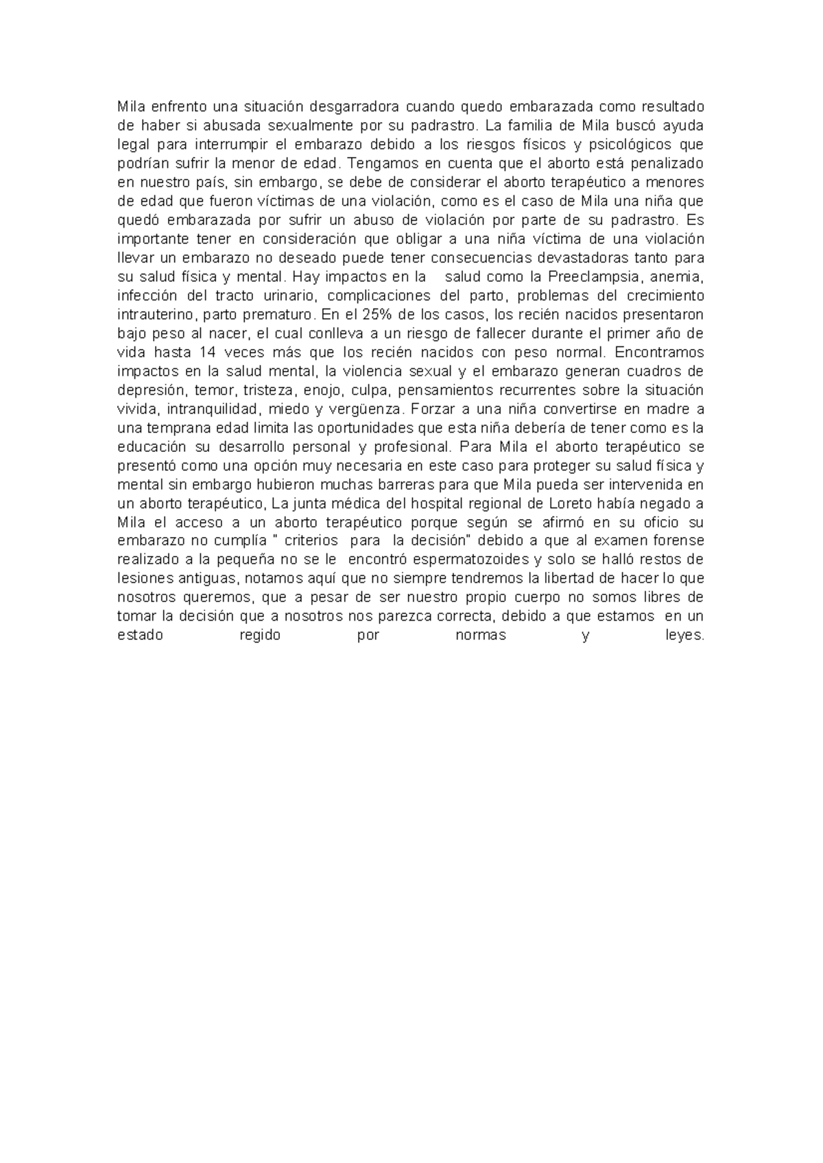 CASO DE MILA - tarea - Mila enfrento una situación desgarradora cuando quedo embarazada como ...