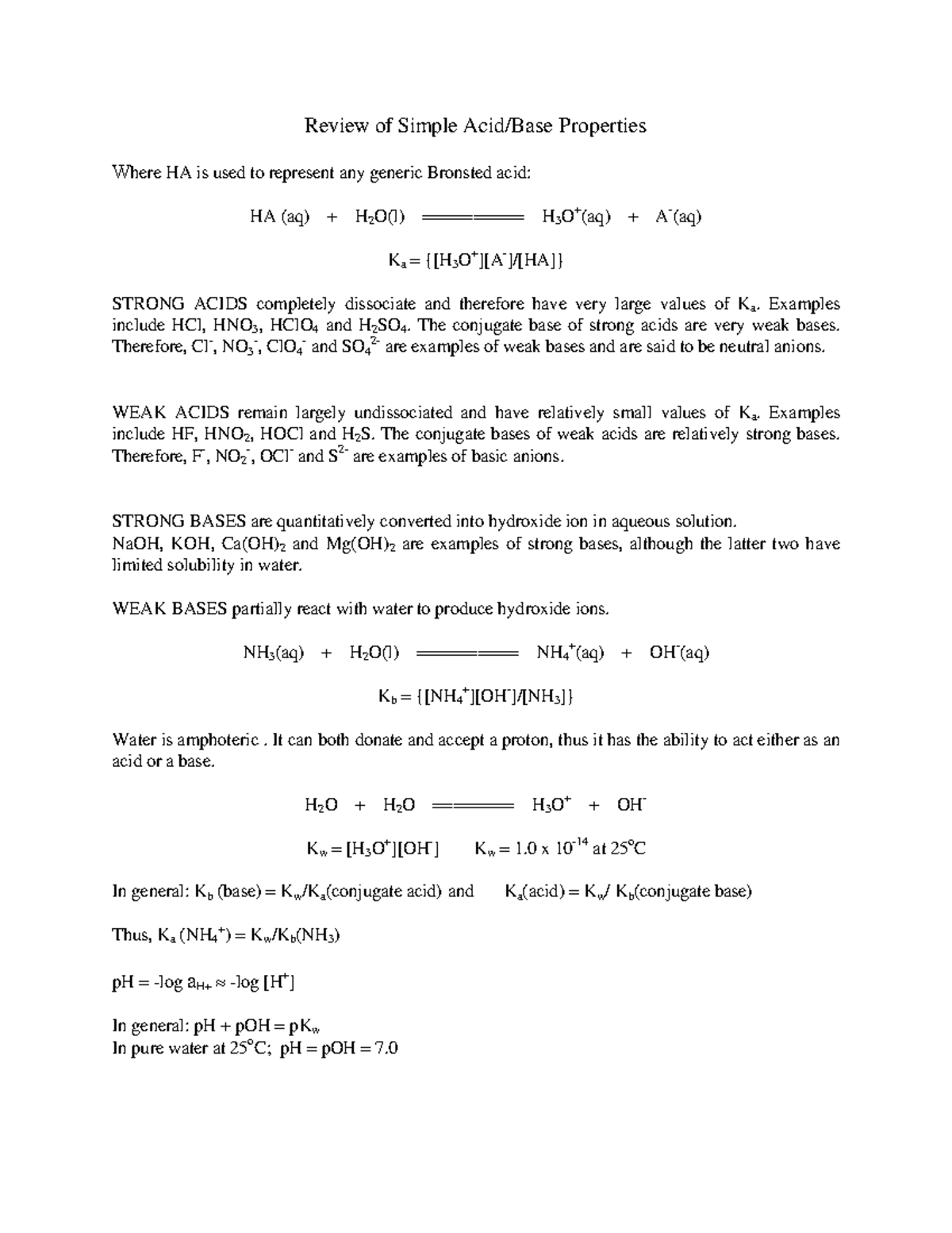ACID BASE review - Review of Simple Acid/Base Properties Where HA is ...