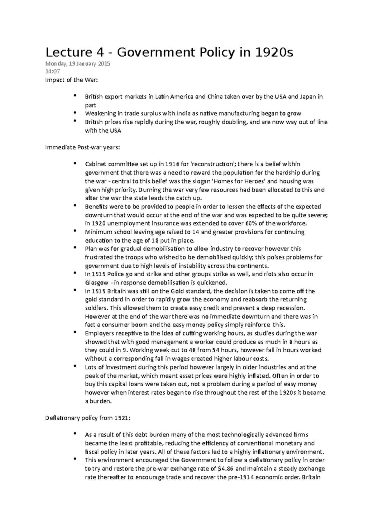 Lecture 4 - Lecture 4 - Government Policy in 1920s Monday, 19 January ...