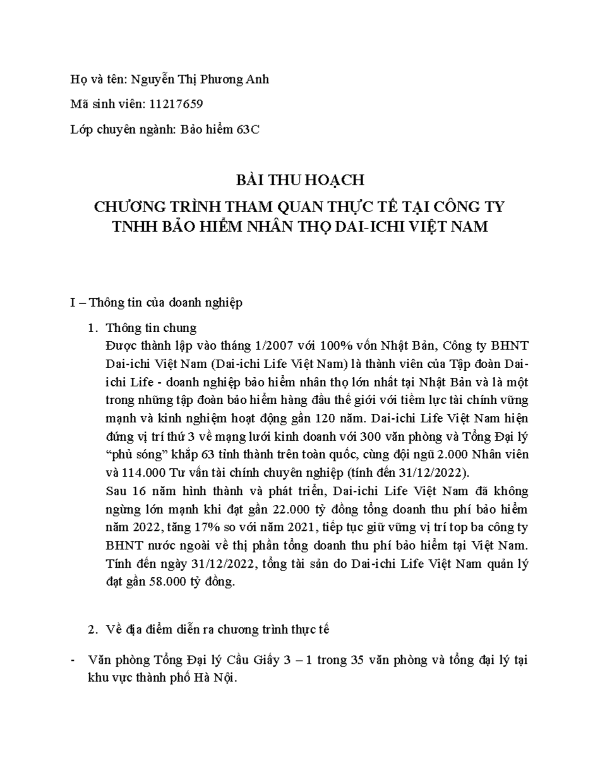 Bài thu hoạch Dai ichi - bài tập cá nhân - Họ và tên: Nguyễn Thị Phương Anh Mã sinh viên ...