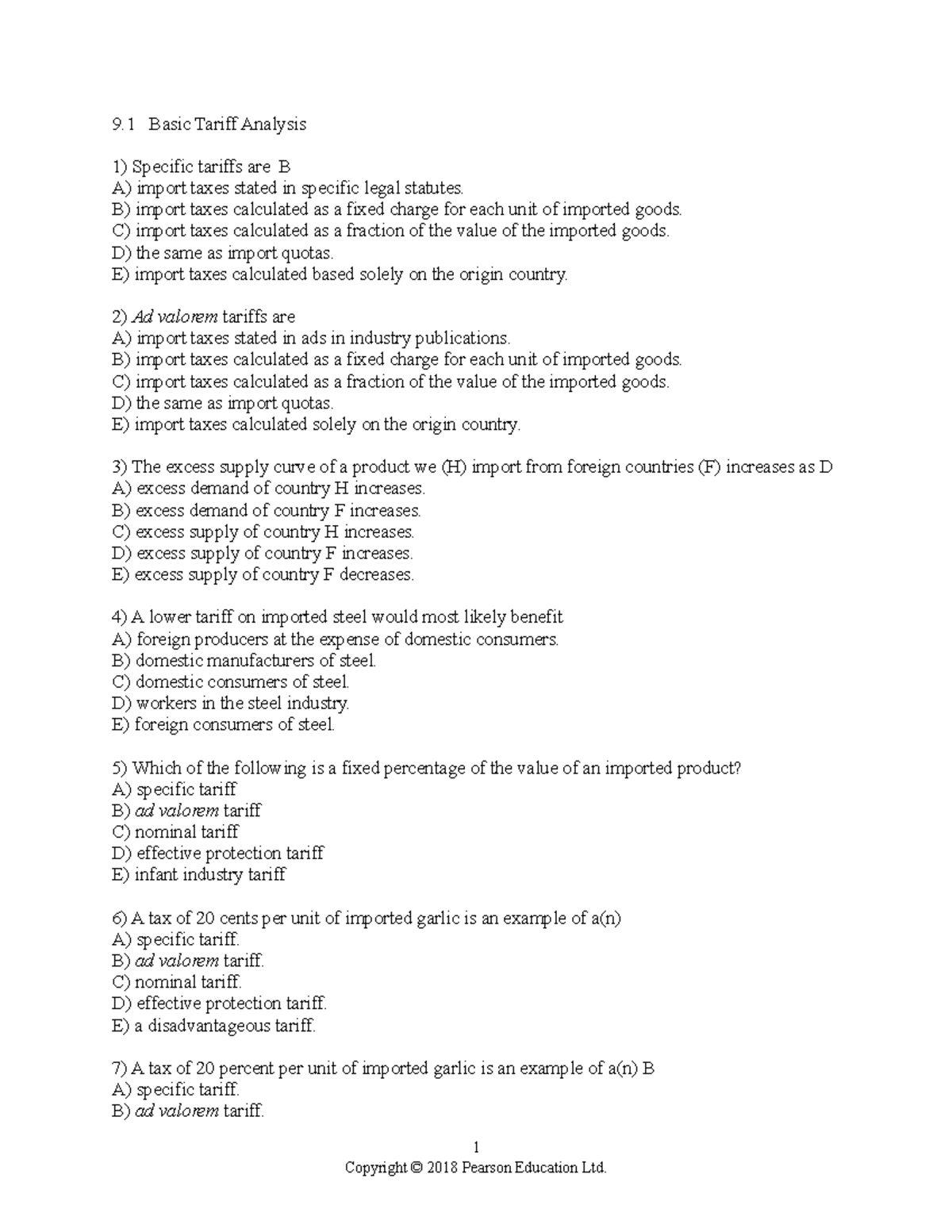 Week 4 Exercises - 9 Basic Tariff Analysis Specific tariffs are B A ...