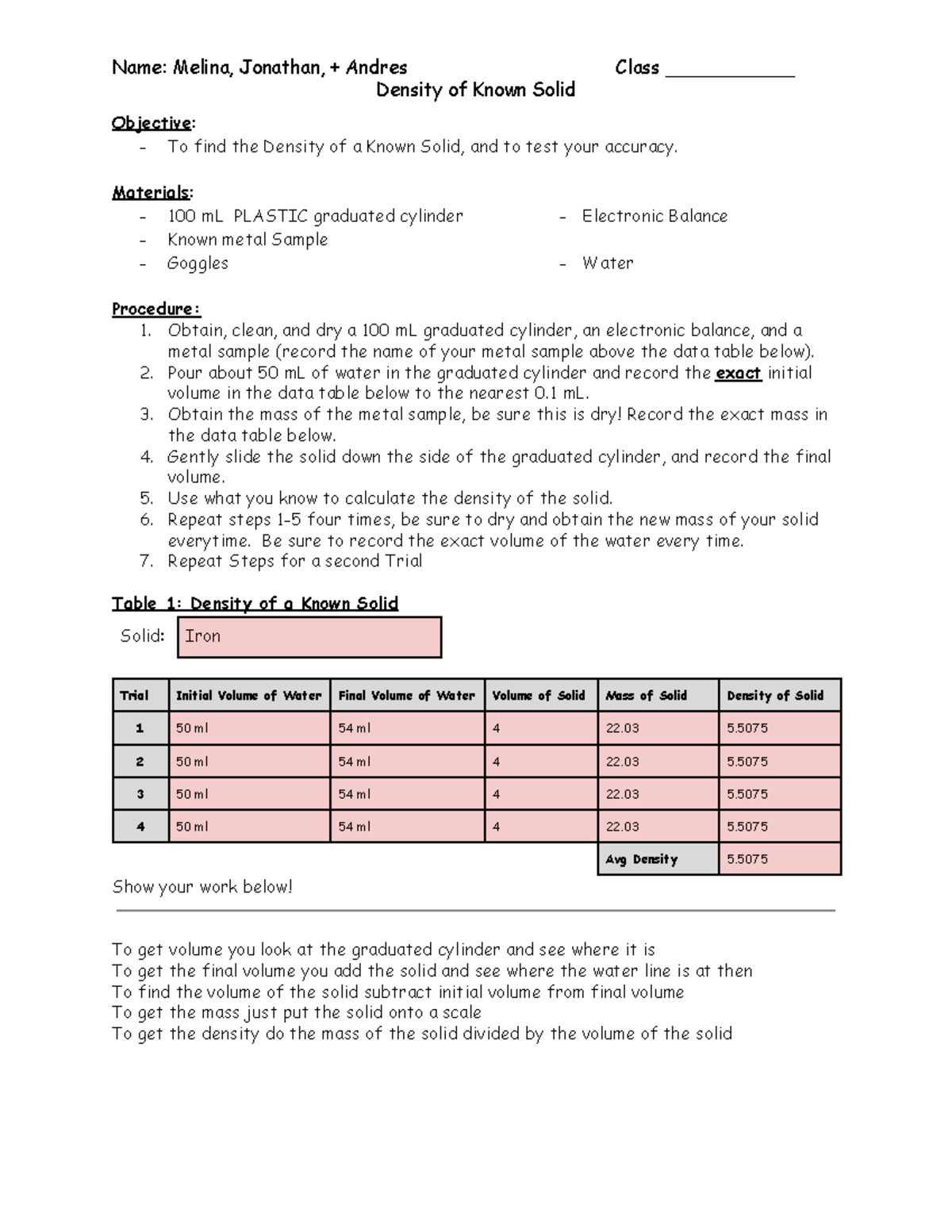 Mini Lab #3 Density of a Known Solid - Name: Melina, Jonathan, + Andres ...