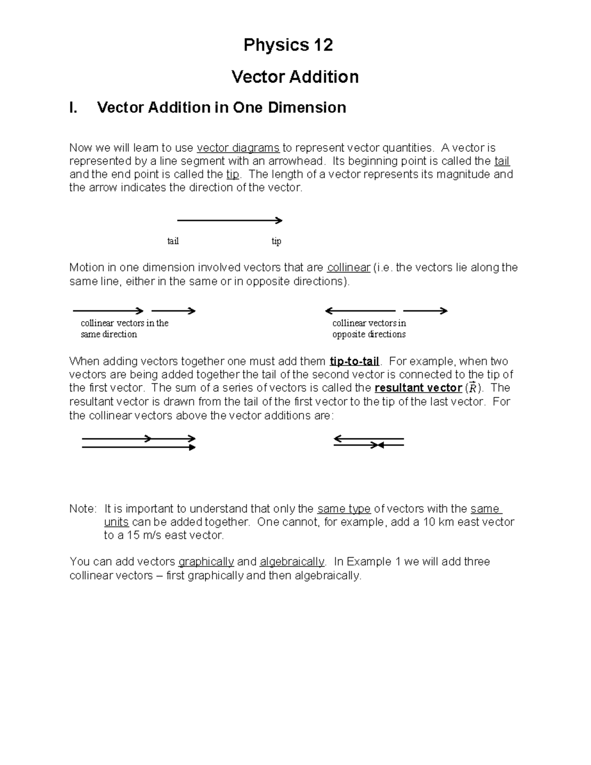 L01 Vector Addition - aaaaaa - Physics 12 Vector Addition I. Vector ...